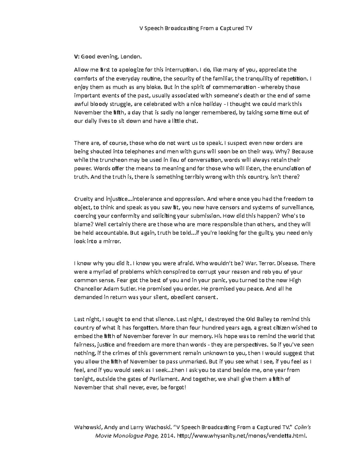 V For Vendetta Quotes V Speech