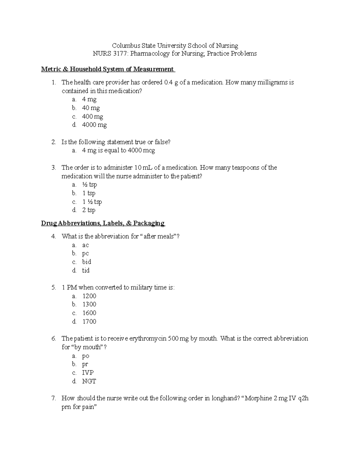 Med-Math Practice Questions - Columbus State University School of ...