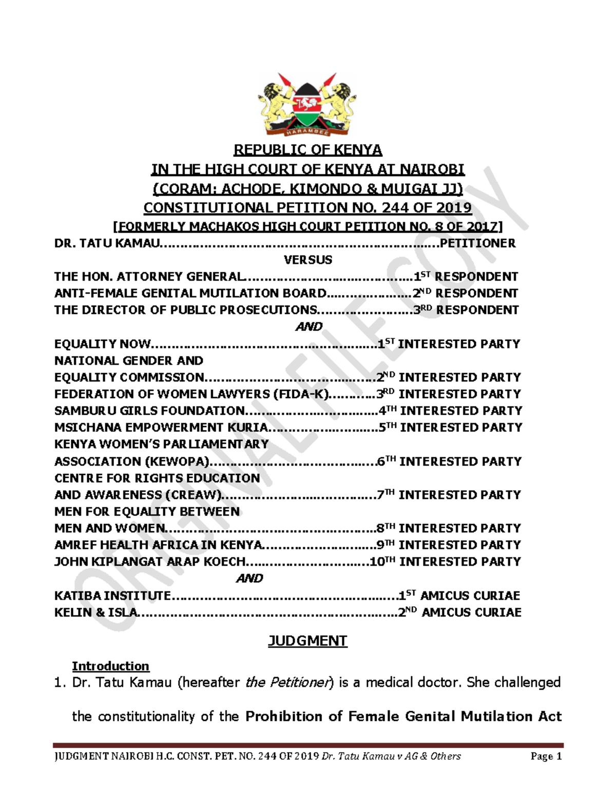 Nairobi HC. PET. 244 OF 2019 Dr. Tatu Kamau v AG & Others - Judgment ...