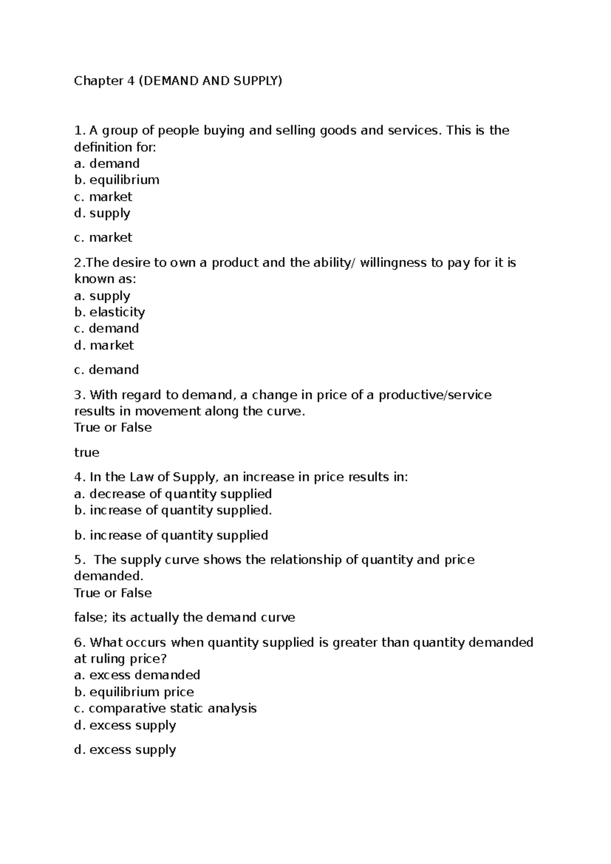 chapter 4 demand and supply tutorial questions and answers - Chapter 4 (DEMAND AND SUPPLY) A ...