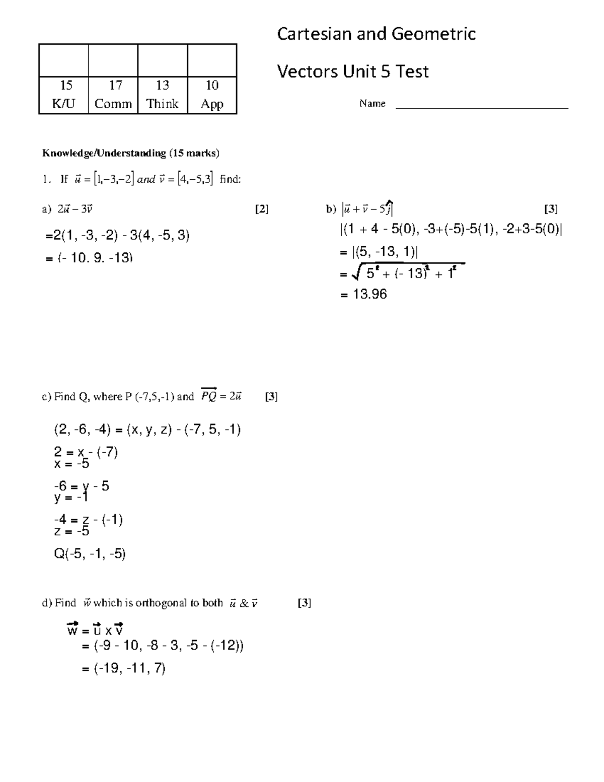 Unit 5 Test Solutions - Ndndnf - Cartesian and Geometric Vectors Unit 5 ...
