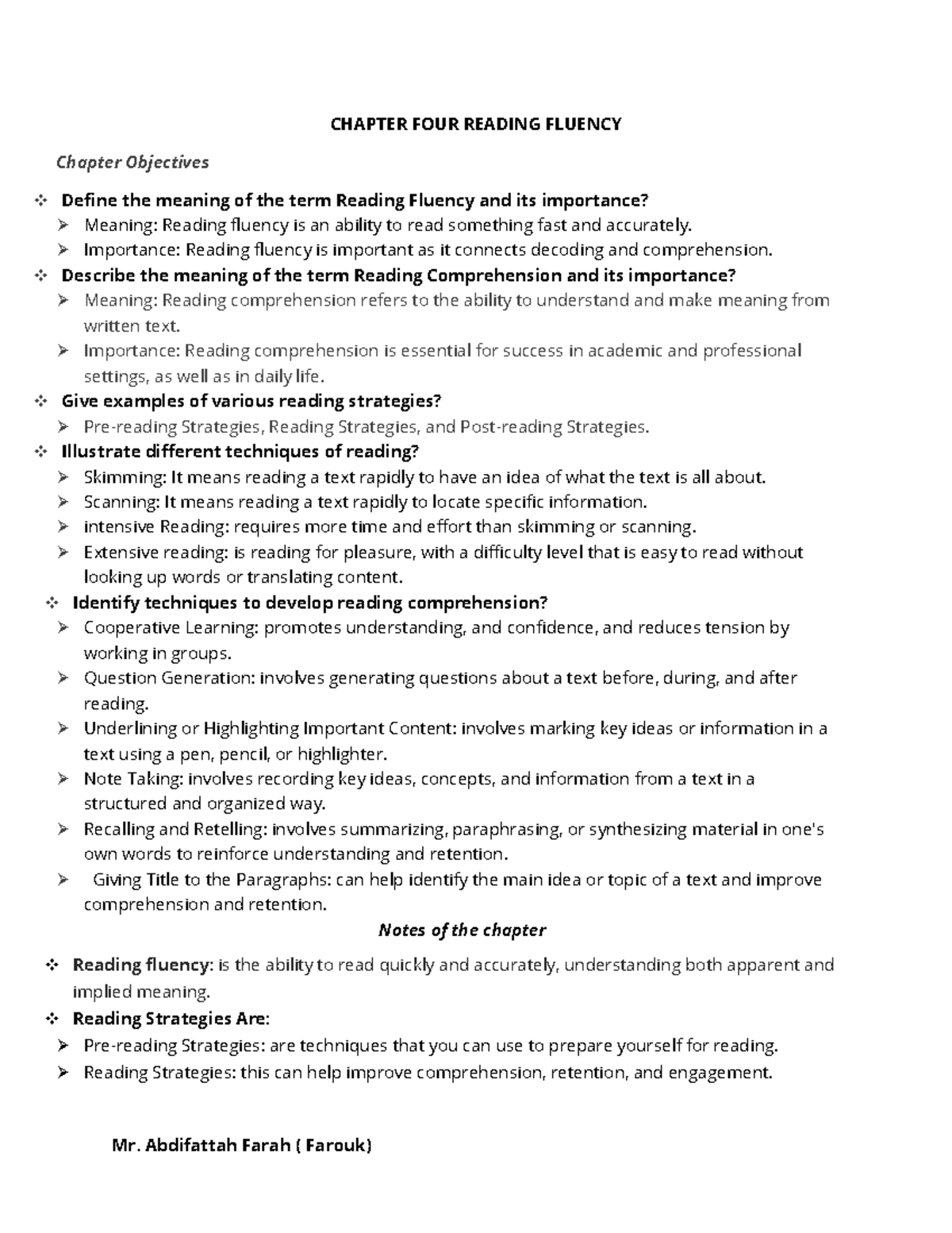 Chapter FOUR Reading Fluency - Mr. Abdifattah Farah ( Farouk) CHAPTER ...