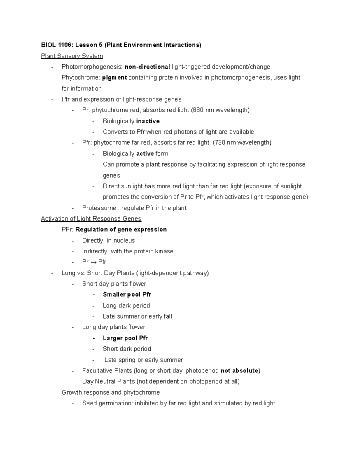 Biology 1106 Lesson 5 (Plant Environment Interactions) - BIOL 1106 ...