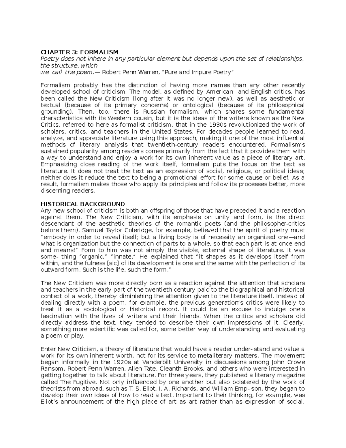 Literary Criticism Chapter 3 - CHAPTER 3: FORMALISM Poetry does not ...