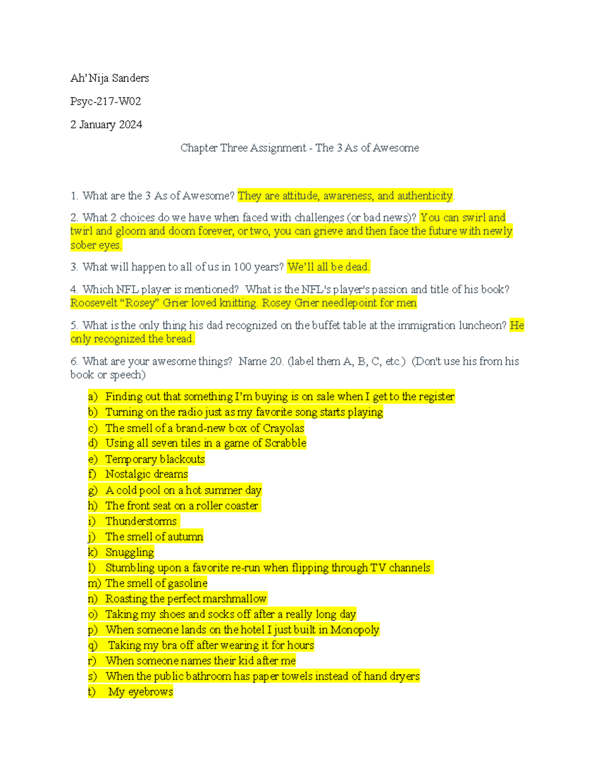 3 A's of awesome - assessment from book psych of adjustment 217 - Ah ...