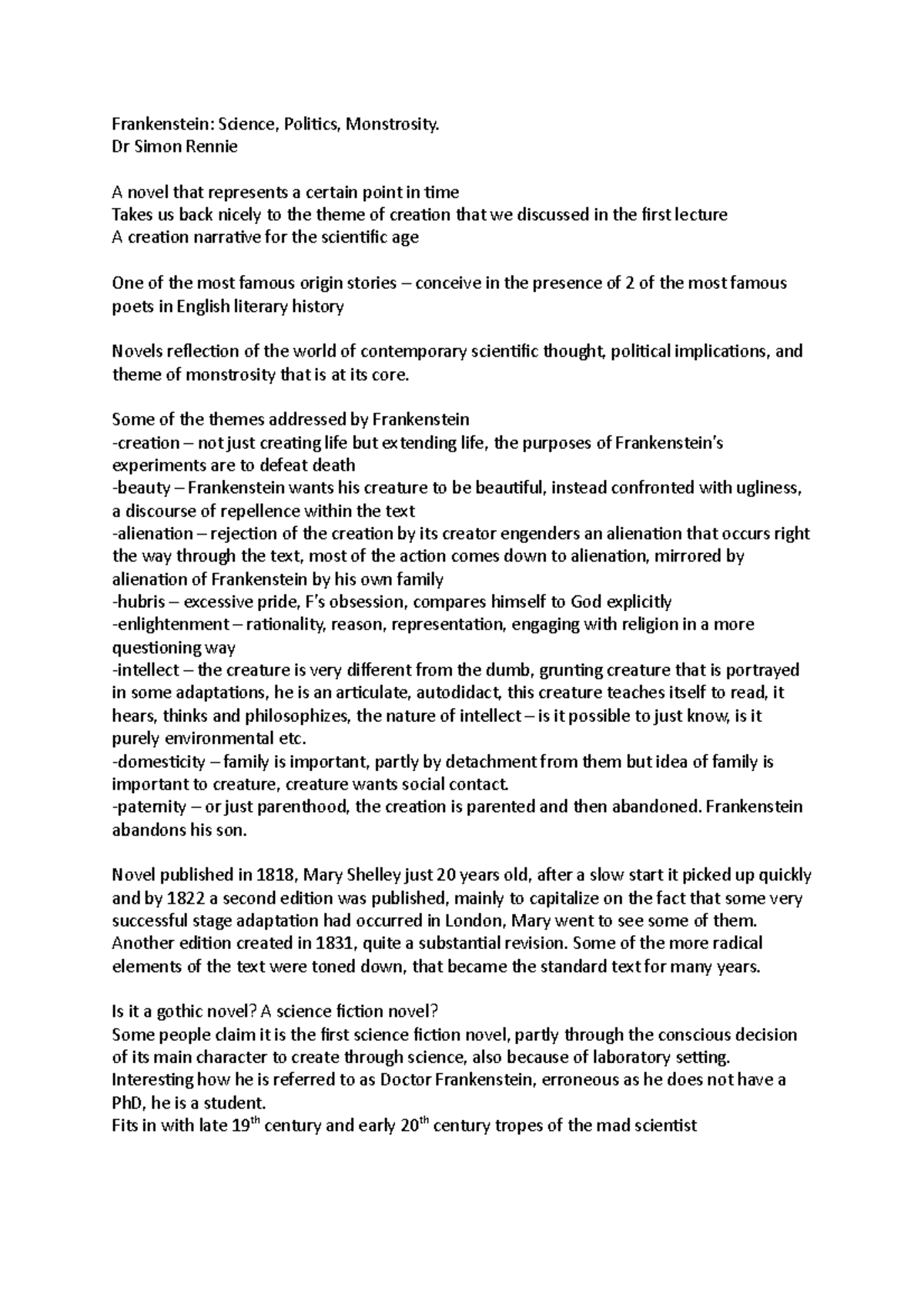 Frankenstein Lecture 1 - Frankenstein: Science, Politics, Monstrosity ...