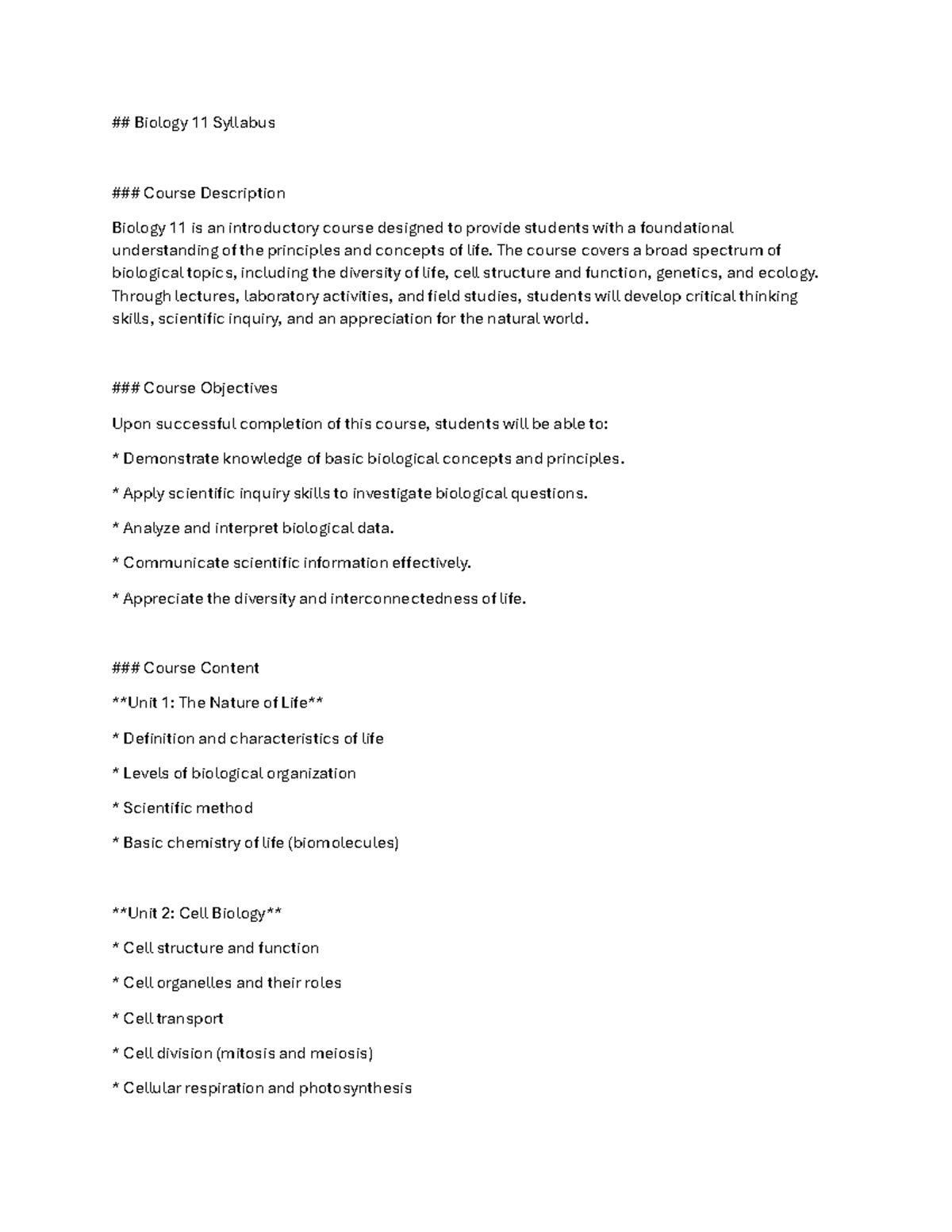 Biology 11 Syllabus - Biology 11 Syllabus Course Description Biology 11 ...