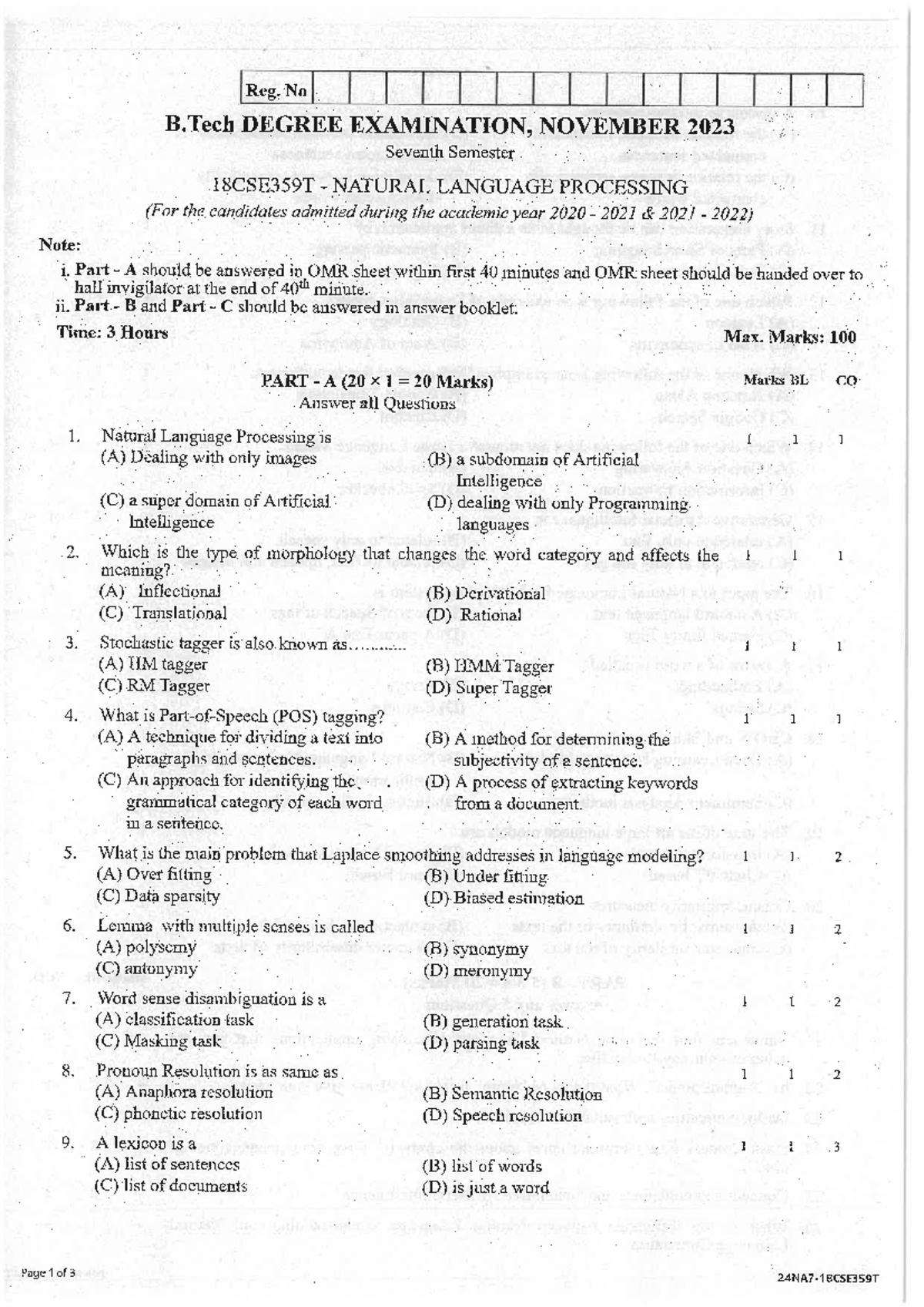 18CSE359T Nov 23 - Natural language processing previous year qp - Reg. No B DEGREE EXAMINATION ...