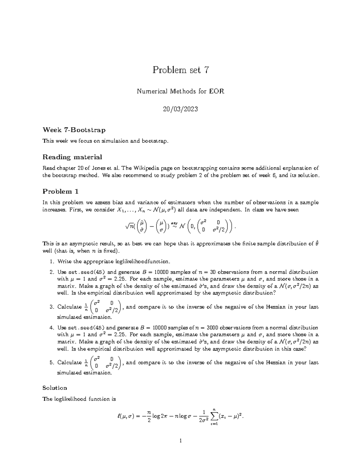 Problem set 7 solution gecombineerd - Problem set 7 Numerical Methods for EOR 20/03/ Week ...