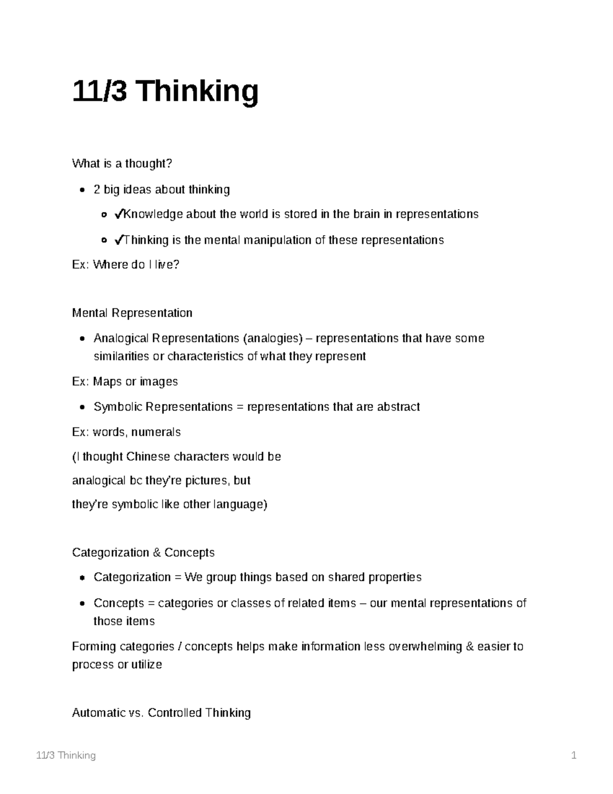 113 Thinking - Novak - 11/3 Thinking What is a thought? 2 big ideas ...