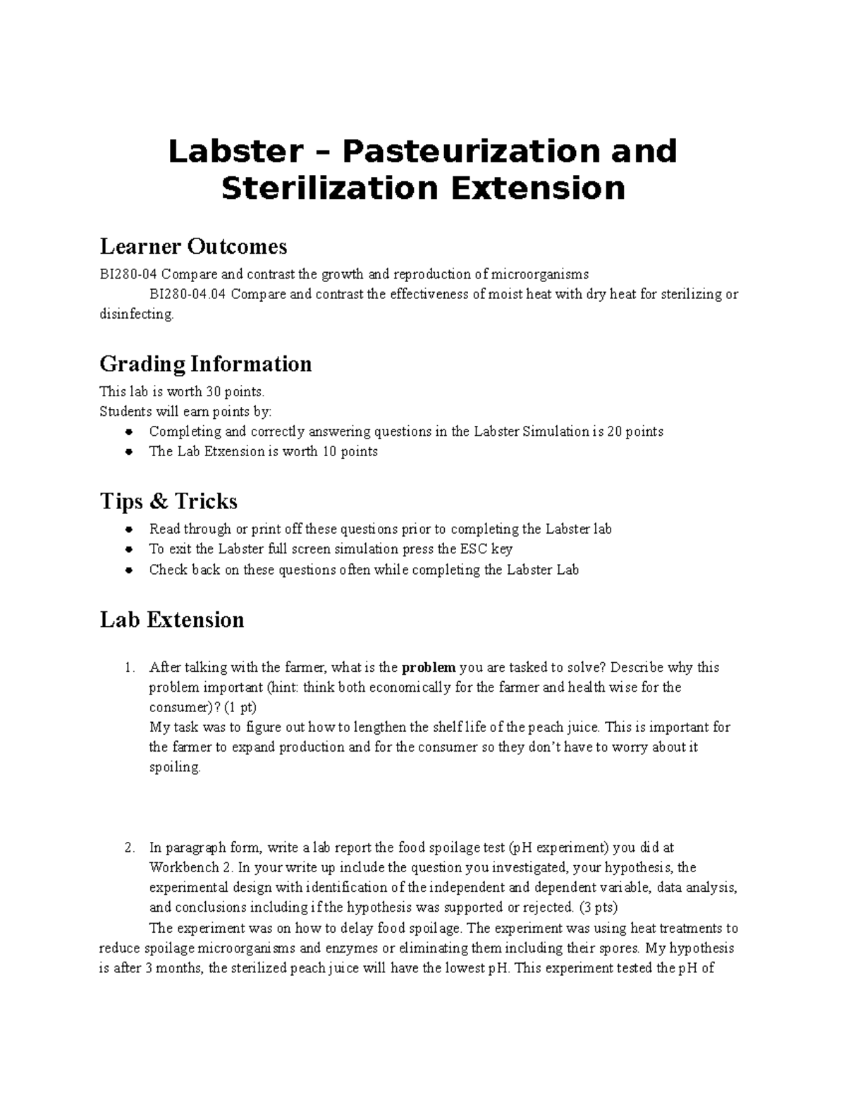 Copy of Labster – Pasteurization and Sterilization Extension - Labster ...