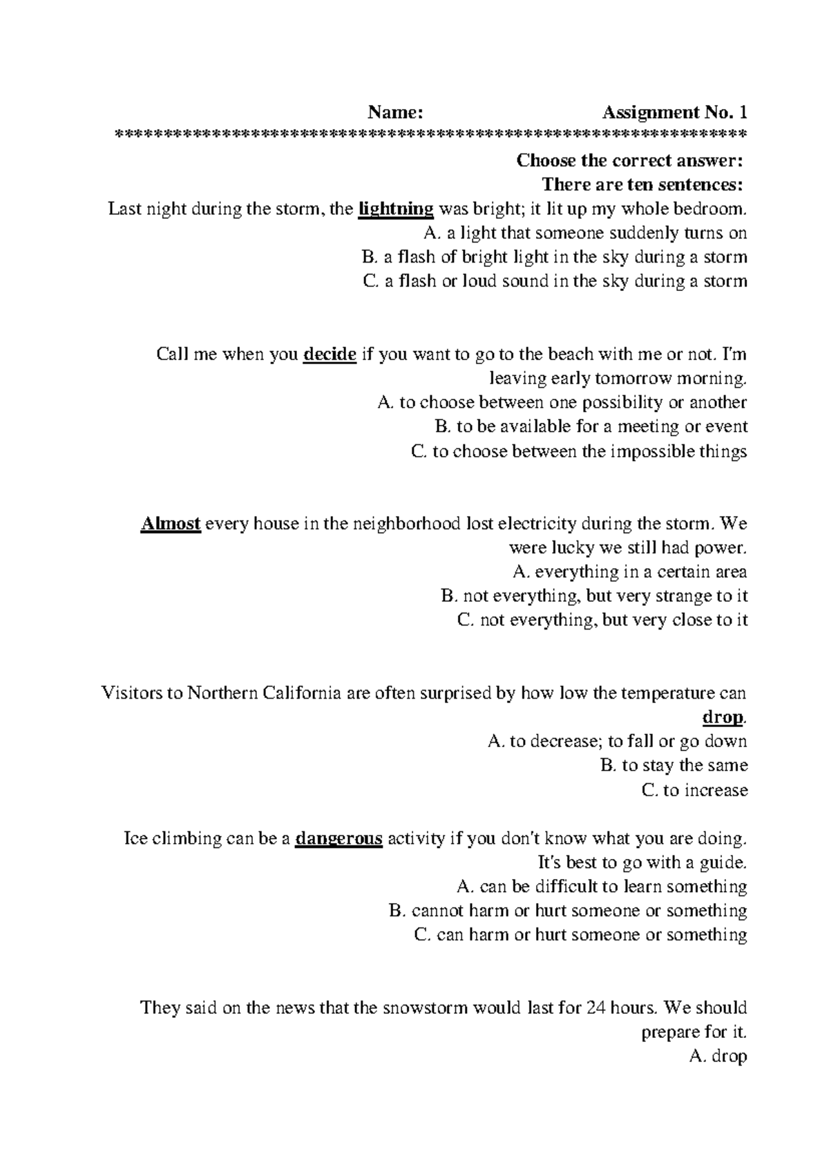 Assignment No - 1 Choose the correct answer: There are ten sentences ...