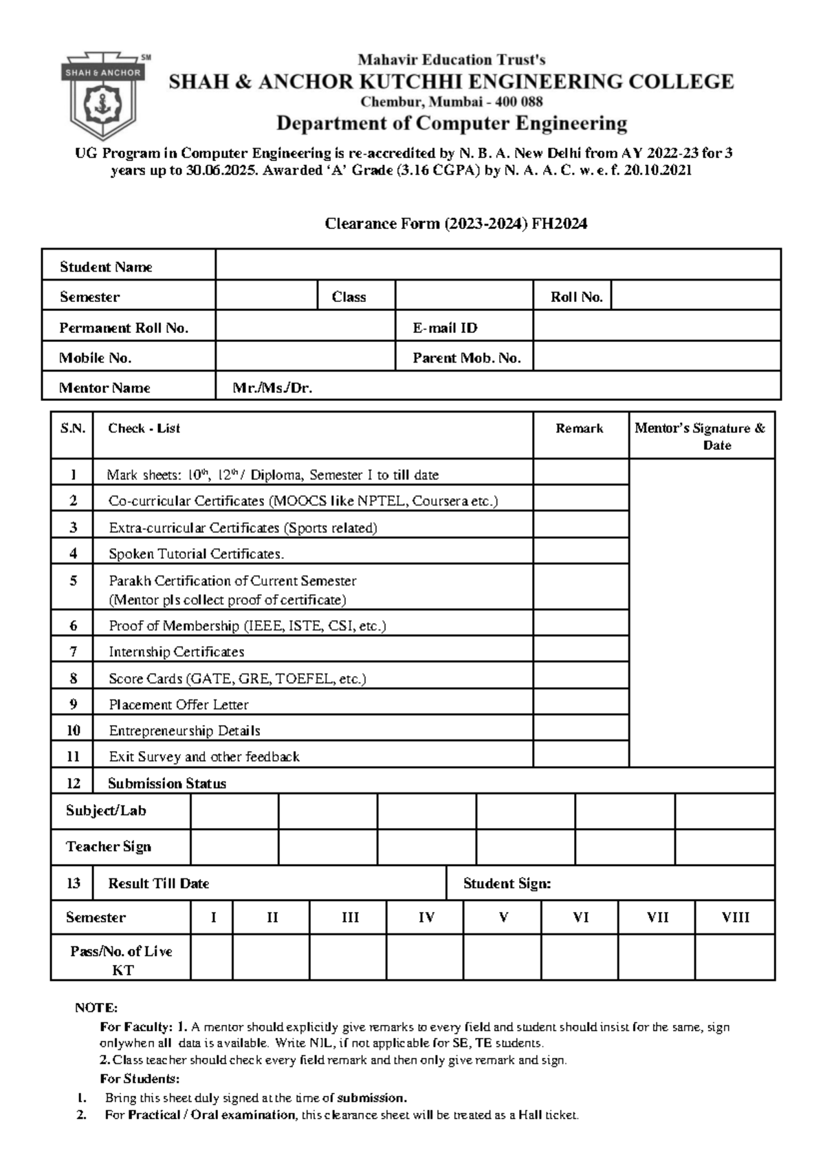 2023SH Sakec COMP Student Clearance Form-1 - UG Program in Computer ...