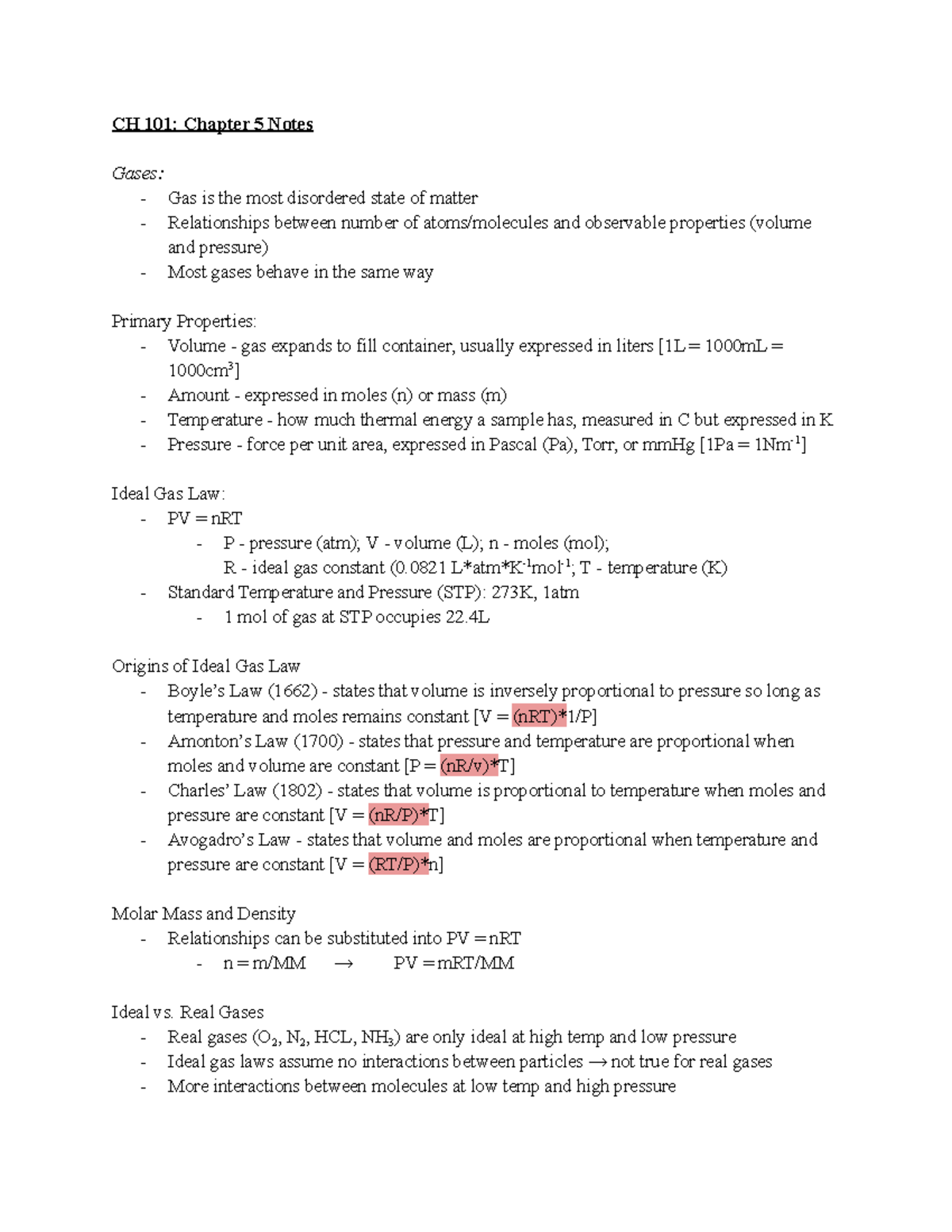 CH 101 Chapter 5 Notes - CH5 - CH 101: Chapter 5 Notes Gases: - Gas is ...