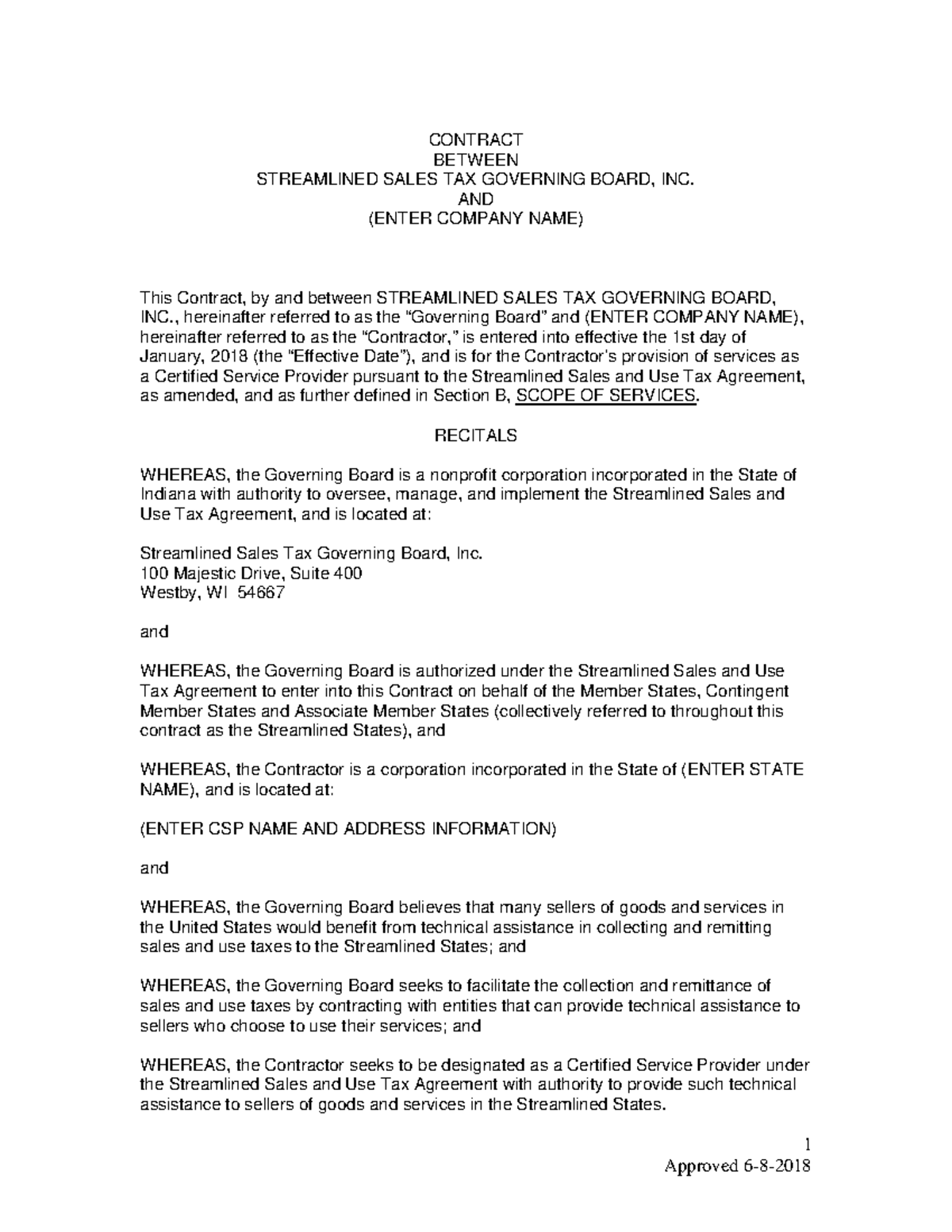 2018 20 csp contract - 1 CONTRACT BETWEEN STREAMLINED SALES TAX ...