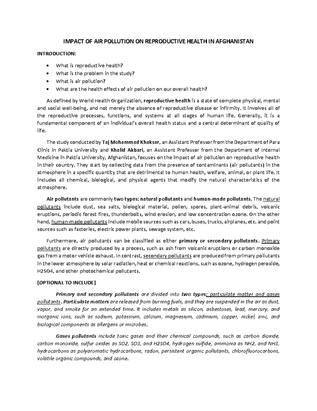 Impact of Air Pollution on Reproductive Health in Afghanistan Script ...