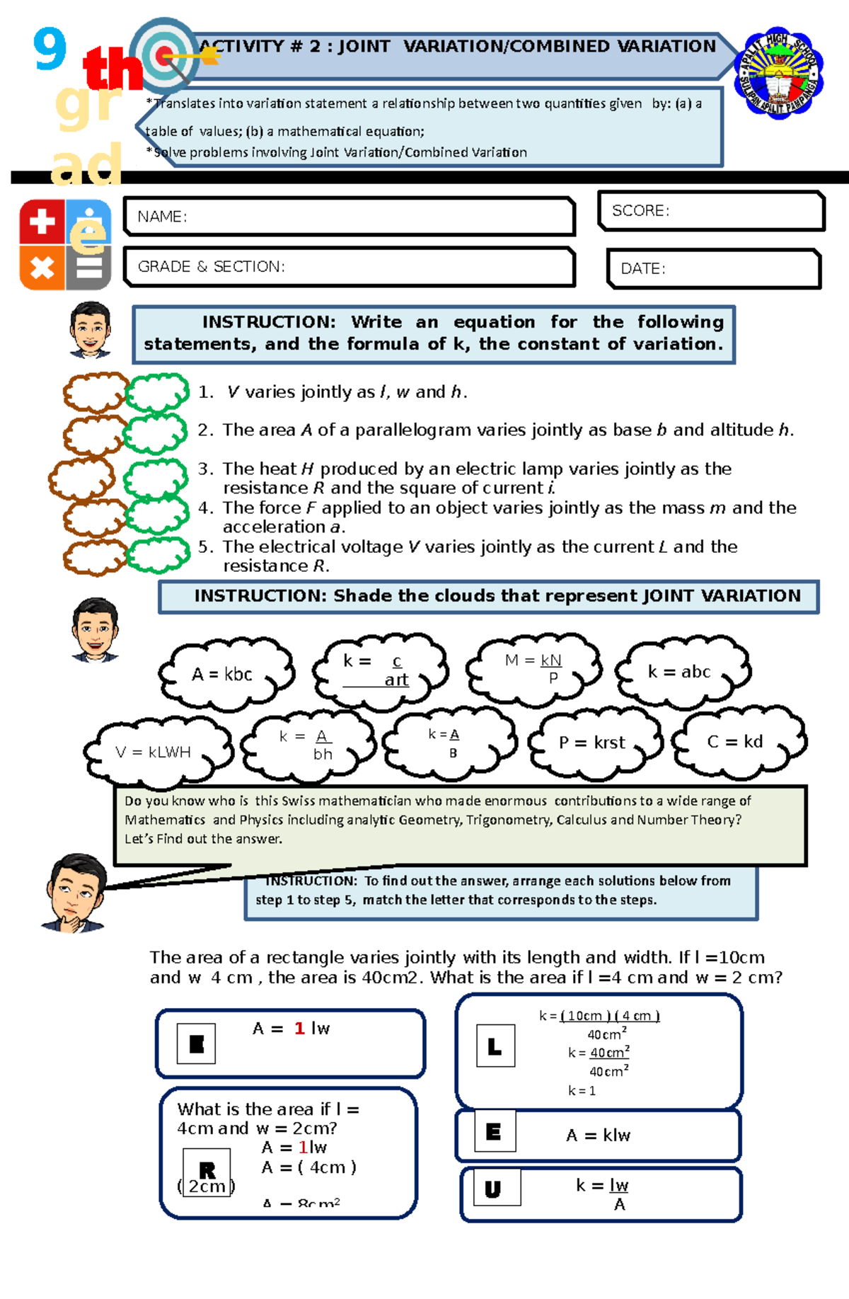 LAS1 - Joint and Combined Variation LAS - 1. V varies jointly as l, w ...