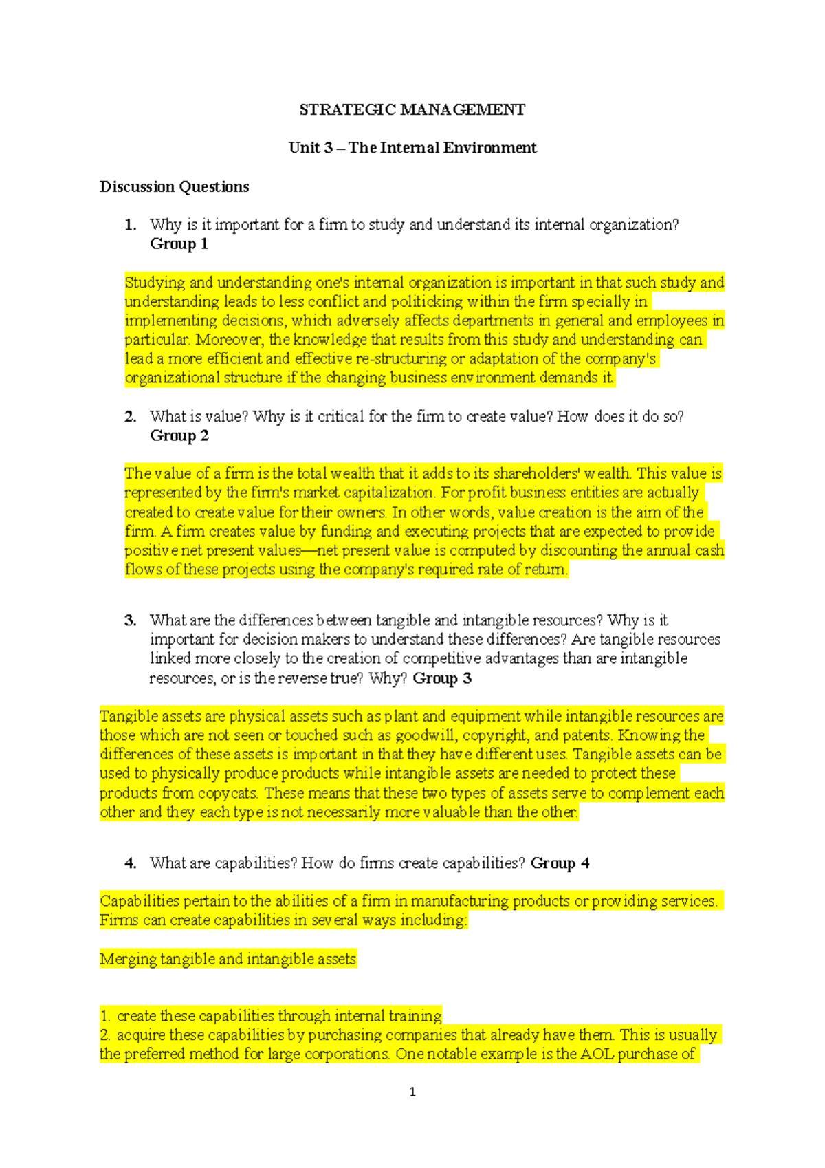 Unit 3 - Tutorial Sheet-Answers - STRATEGIC MANAGEMENT Unit 3 – The ...