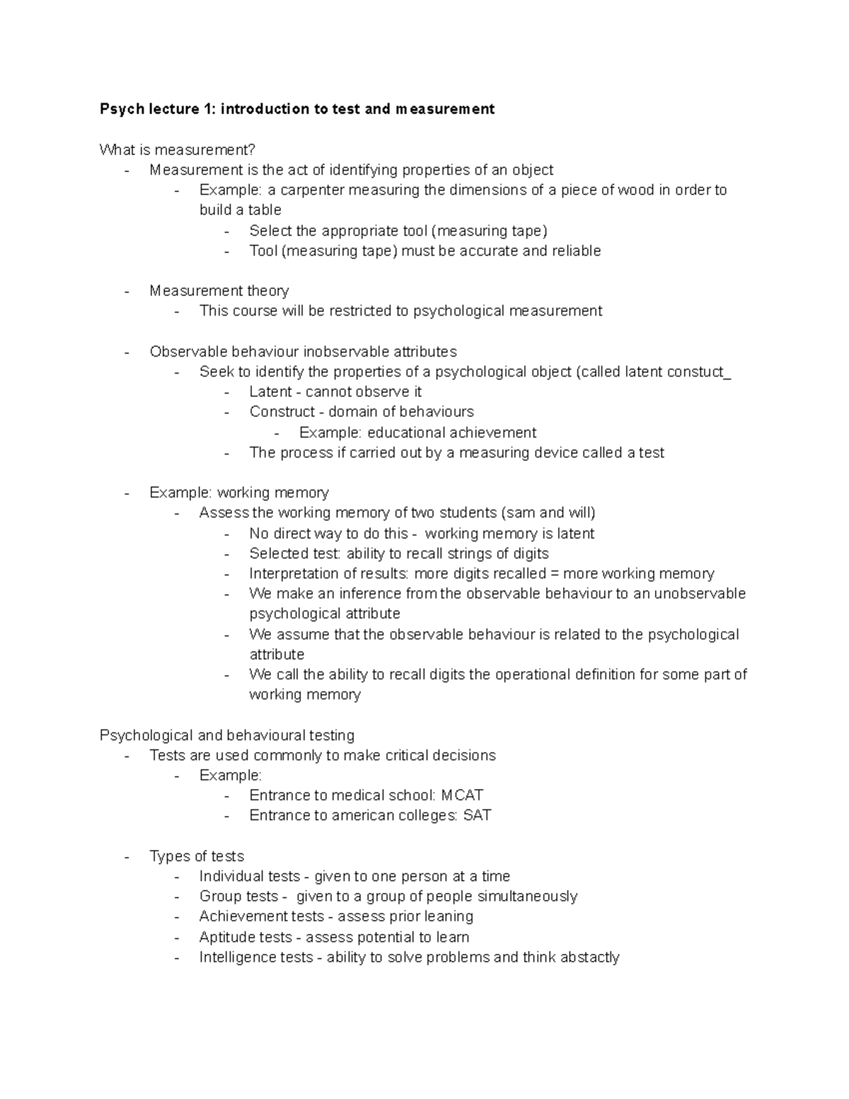 Psych 2080 exam notes - Psych lecture 1: introduction to test and ...