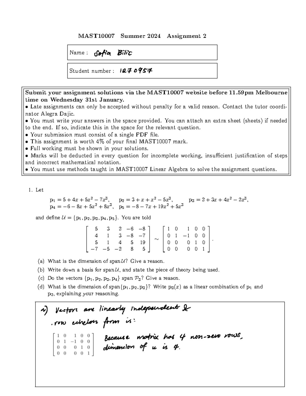 Assign 2-24 - MAST10007 Summer 2024 Assignment 2 Name : Student number : Submit your assignment ...