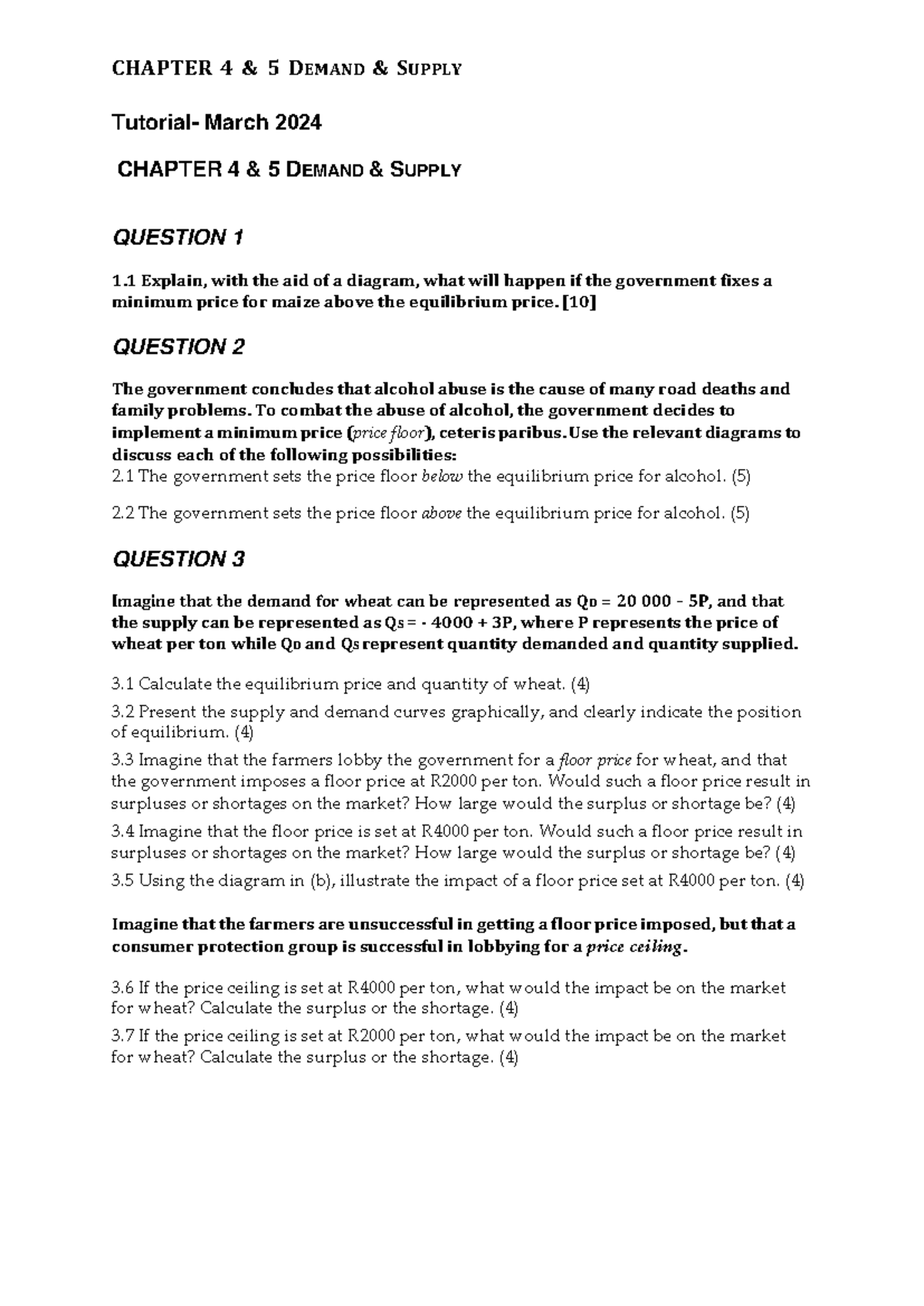 Tutorial chapter 4 and 5 - CHAPTER 4 & 5 DEMAND & SUPPLY Tutorial- March 2024 CHAPTER 4 - Studocu