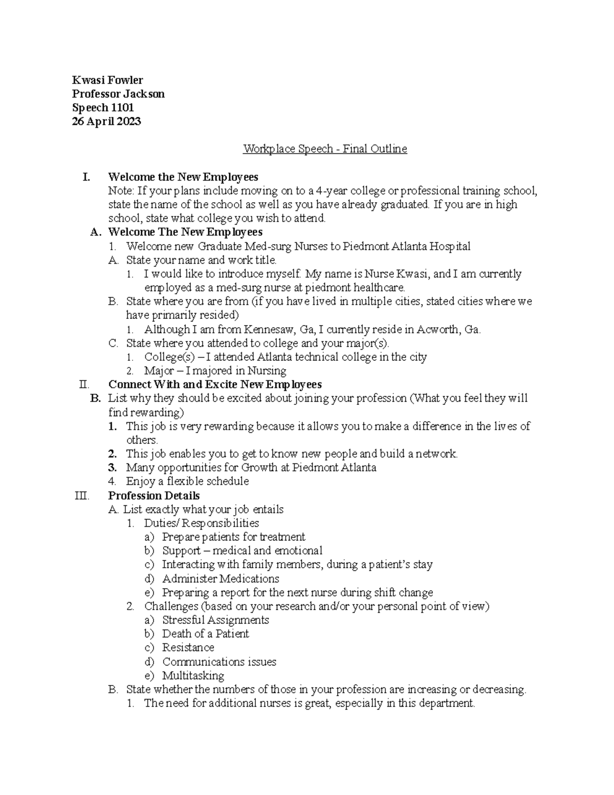 Workplace Speech Final - Kwasi Fowler Professor Jackson Speech 1101 26 ...