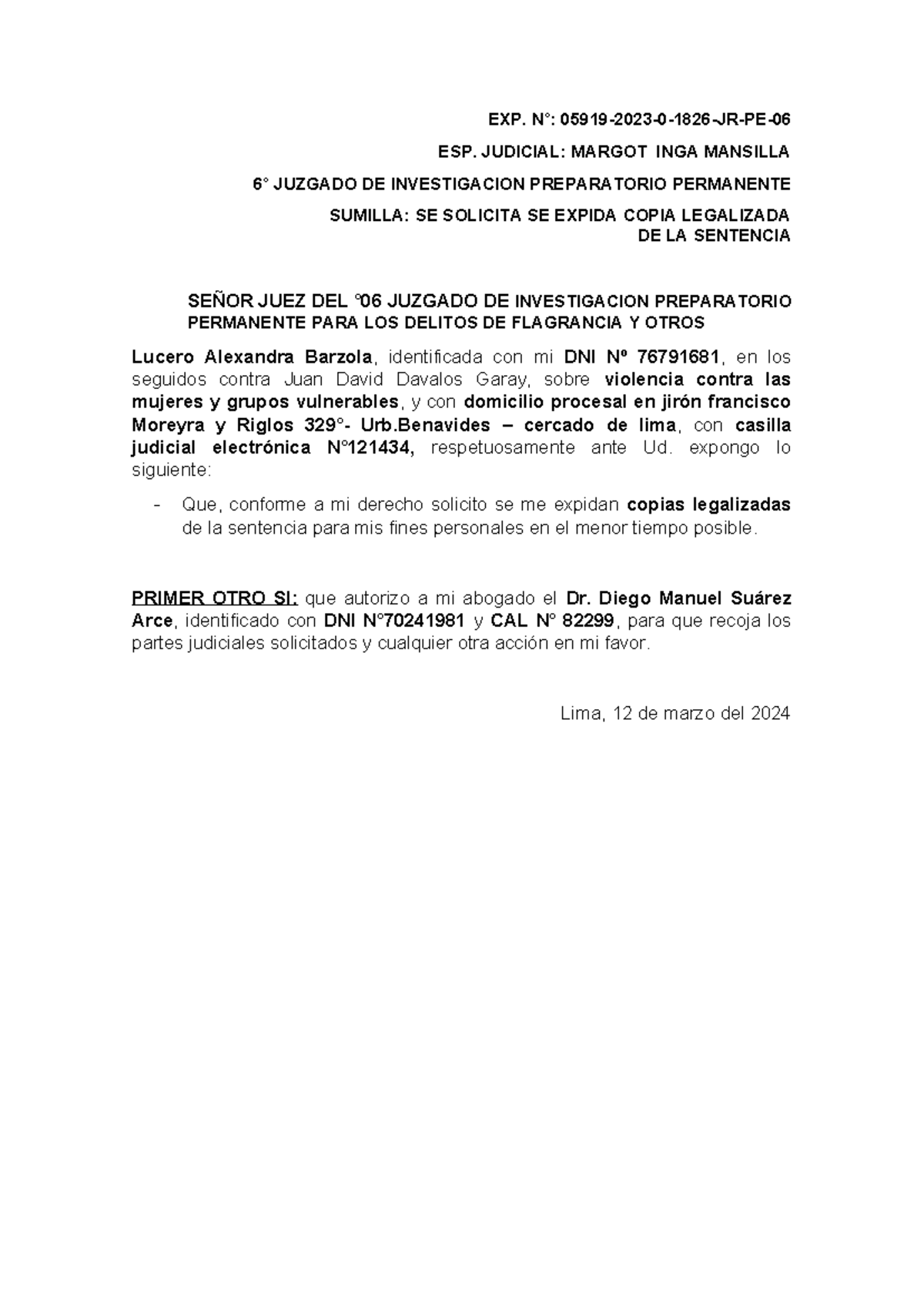 Se solcita Copia Legalziada DE LA Resoulcion - EXP. N°: 05919-2023-0 ...
