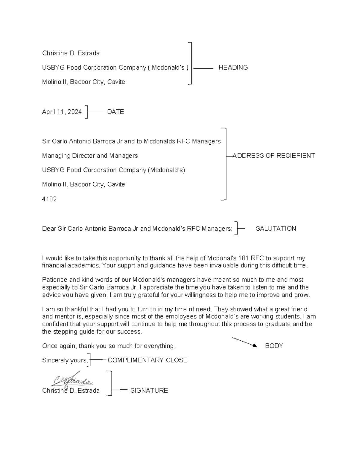 Elements of formal letter - Christine D. Estrada USBYG Food Corporation ...