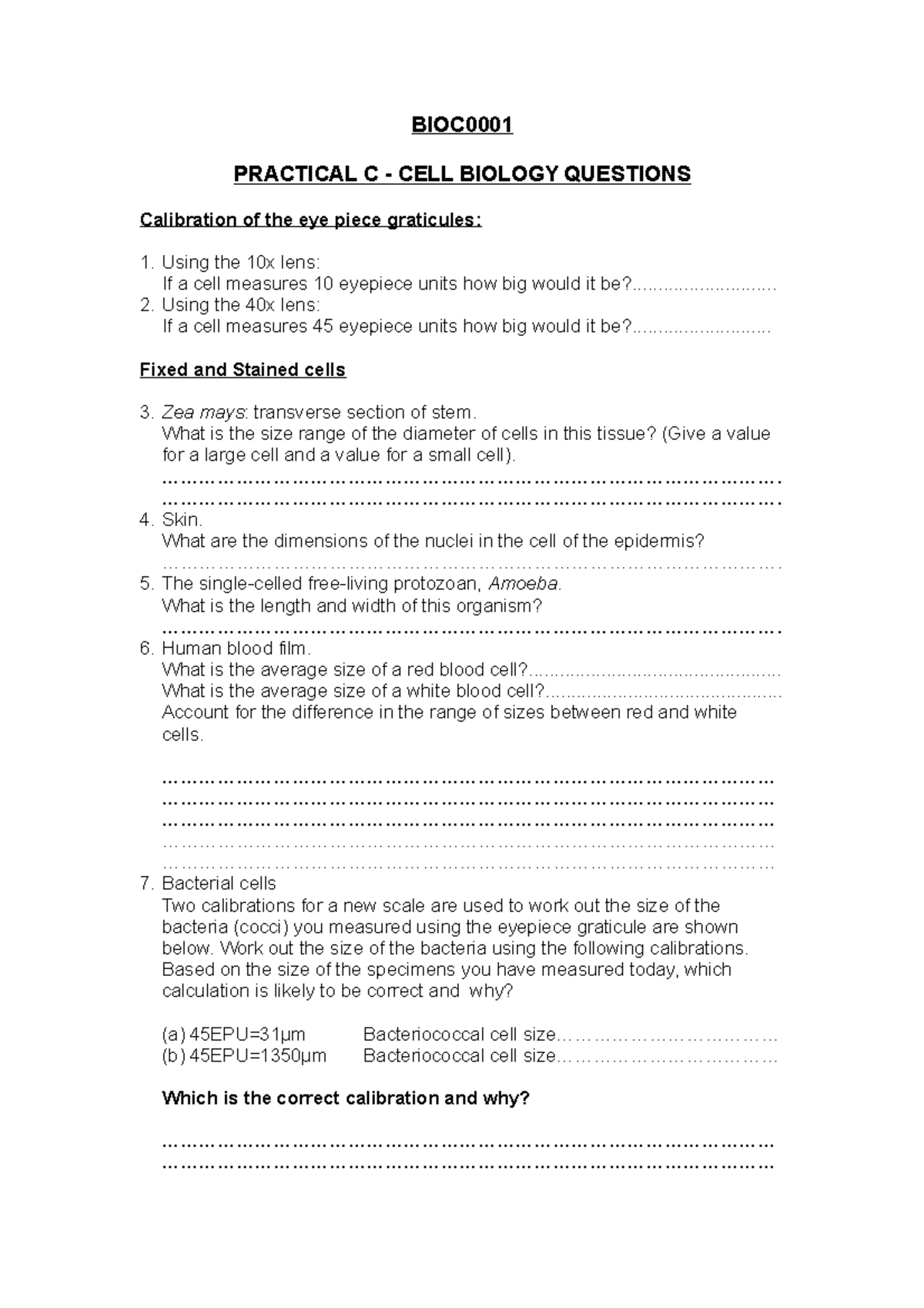 Cell biology lab question sheet 2021-22 - BIOC PRACTICAL C - CELL ...