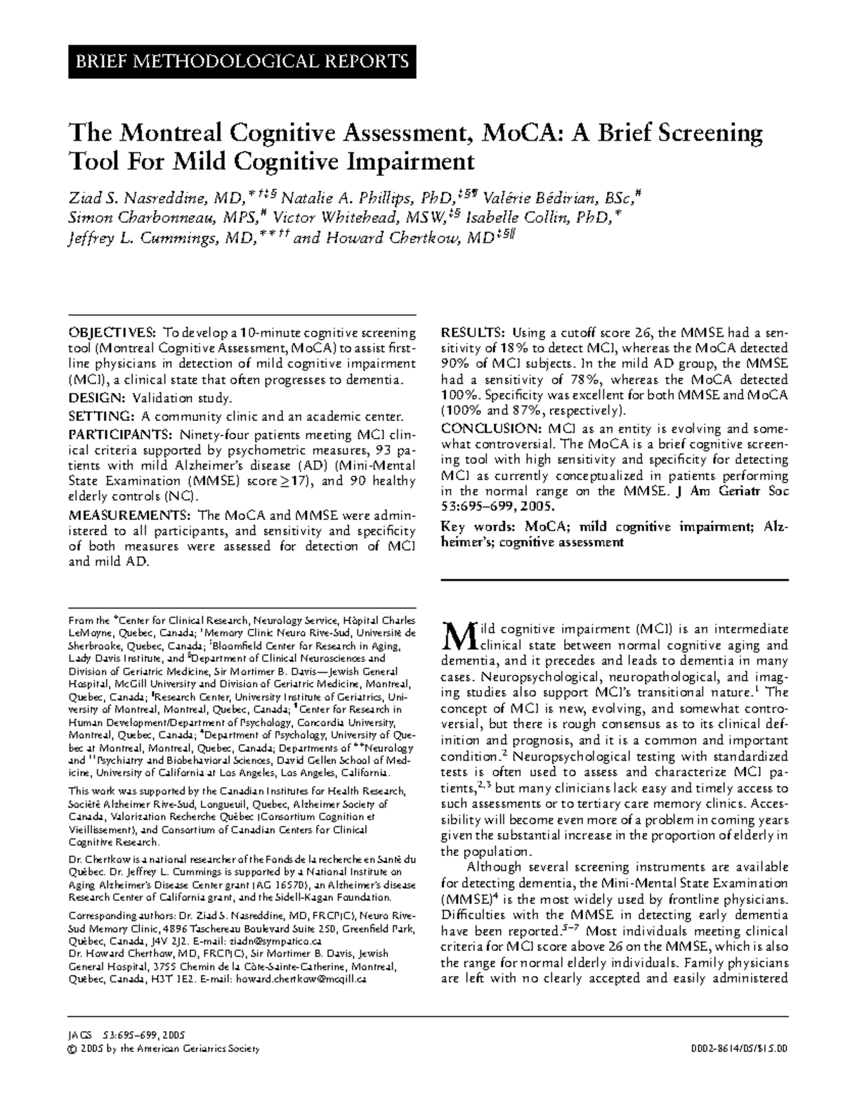 Mo CA 2005 - screening - BRIEF METHODOLOGICAL REPORTS The Montreal Cognitive Assessment, MoCA: A ...