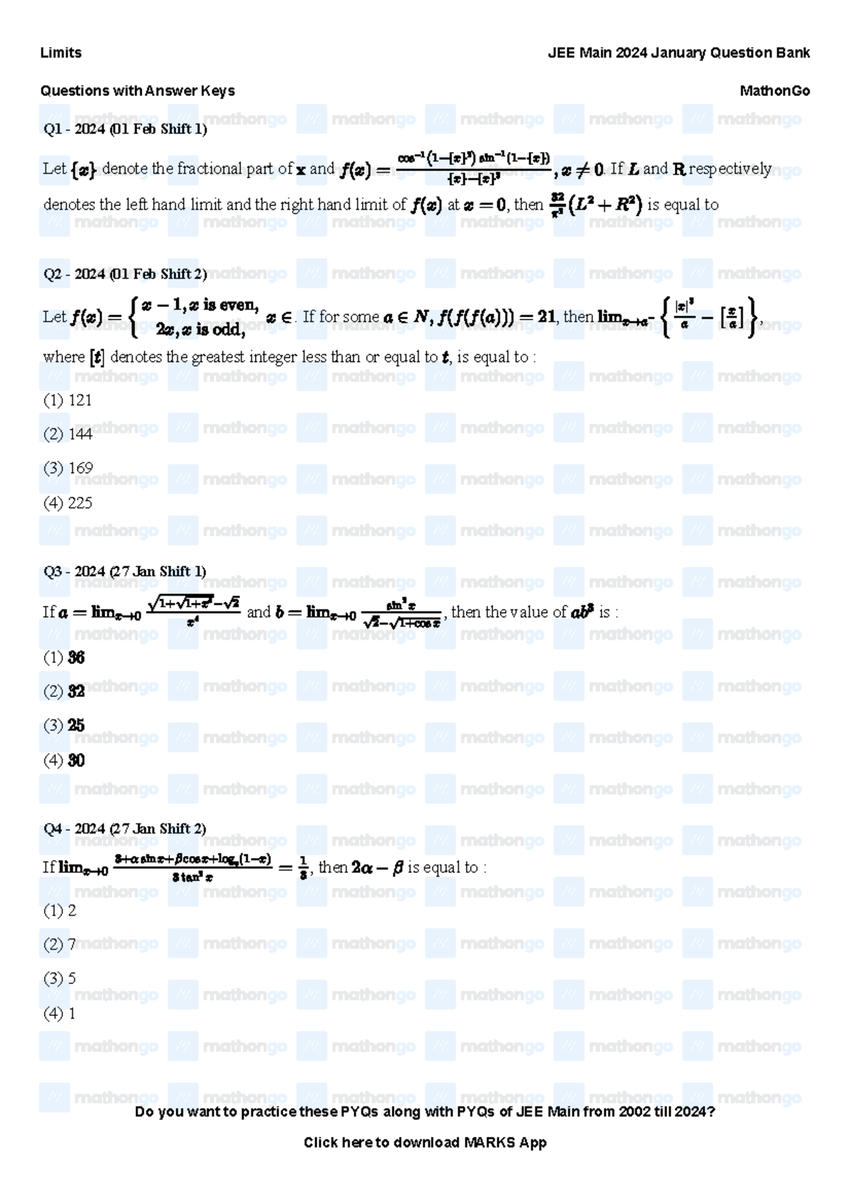 Limits - JEE Main 2024 January Question Bank - Mathon Go - Q1 - 2024 ...