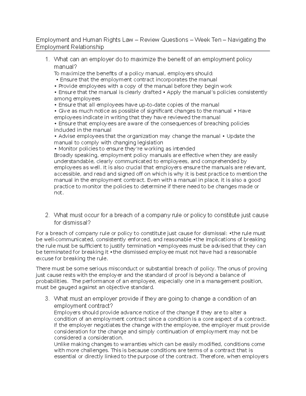 Review Questions - Week 10 - The Employment Relationship - Employment ...