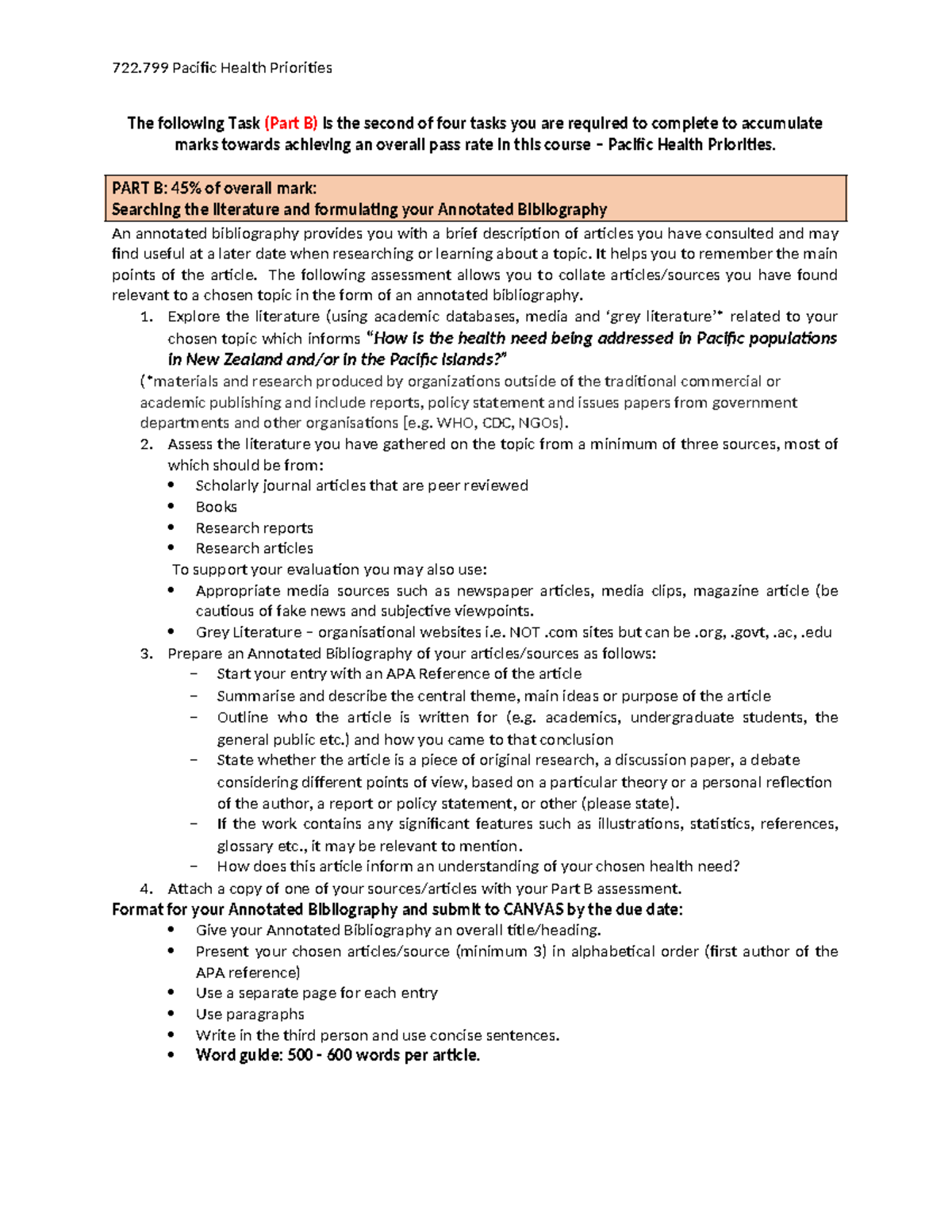 722.799 PART B Annotated Bibliography Assessment - 722 Pacific Health ...