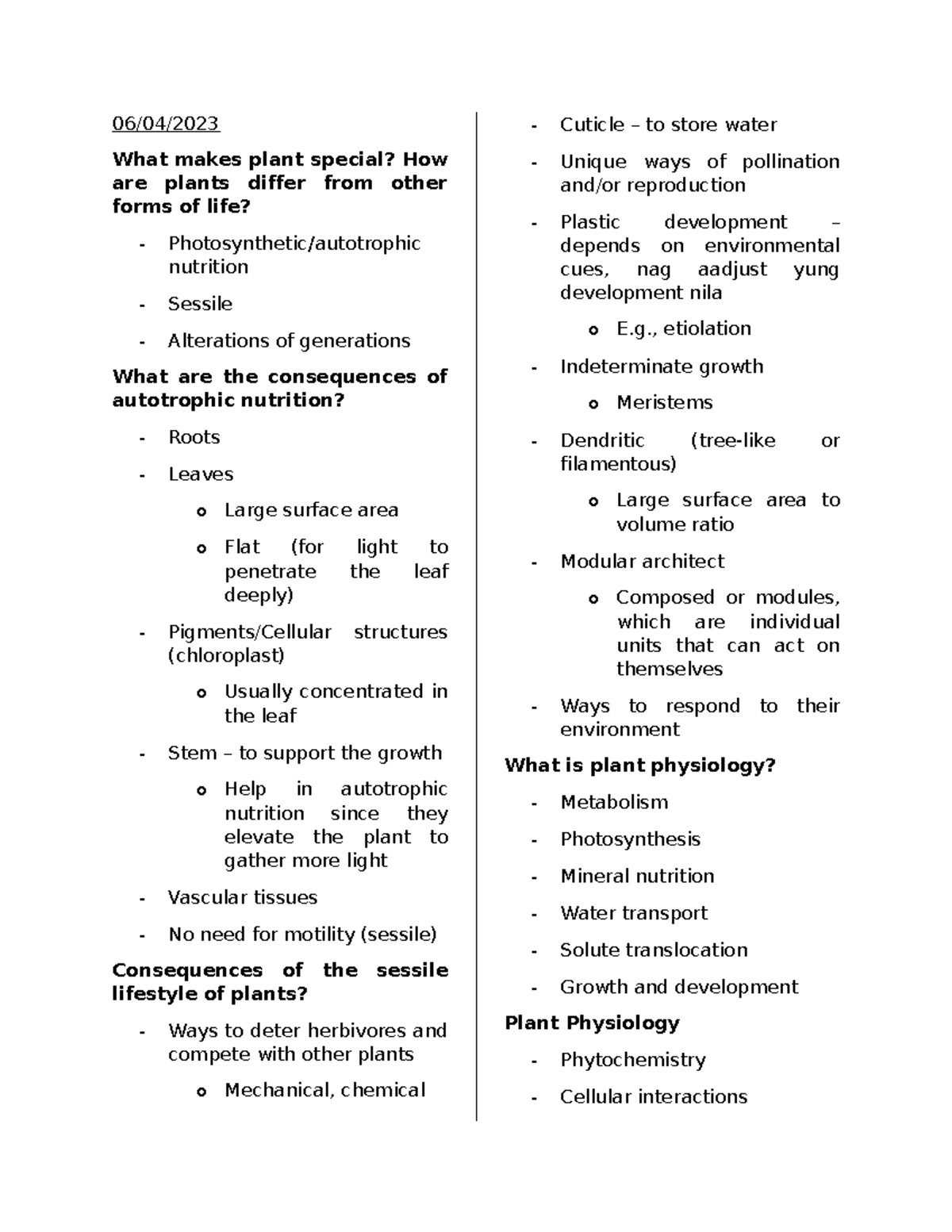 Introduction to Plan Physiology - 06/04/ What makes plant special? How ...