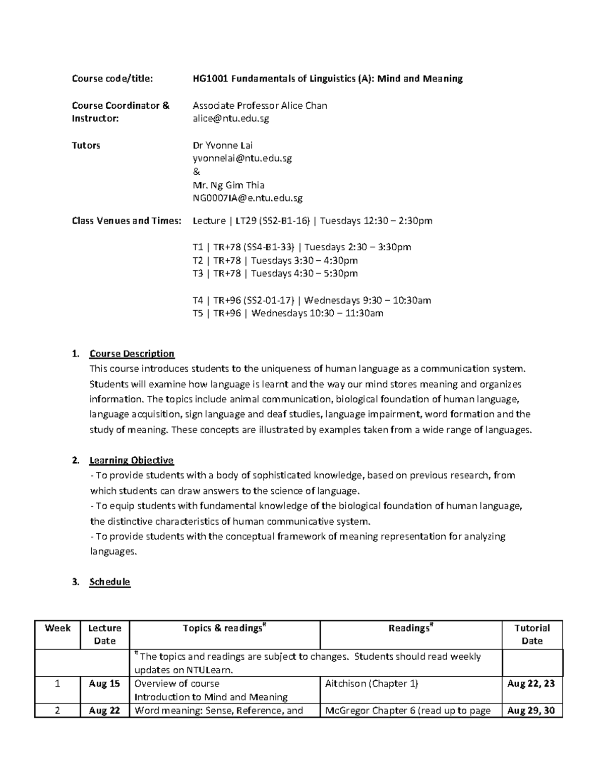 HG1001 Syllabus - Course code/title: HG1001 Fundamentals of Linguistics ...
