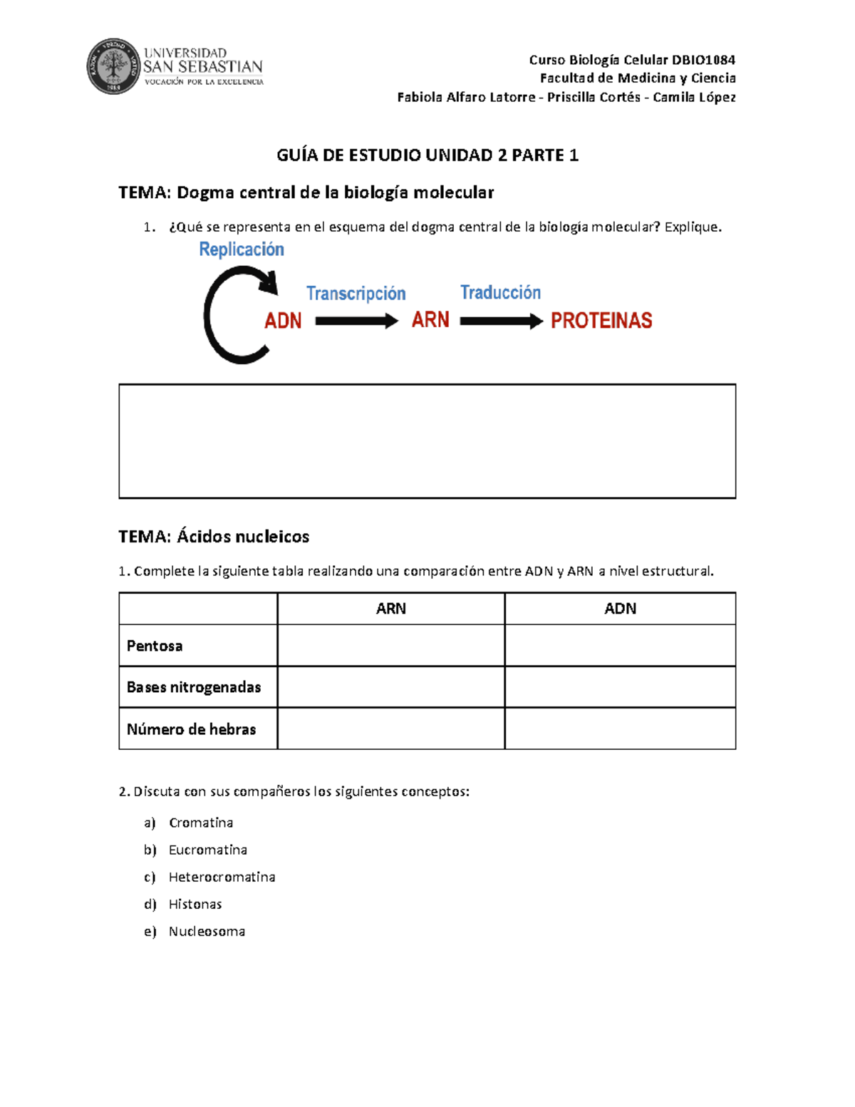 Guía de estudio Unidad 2 Parte 1 DBIO1084 202420 - Curso Biología Celular DBIO Facultad de ...