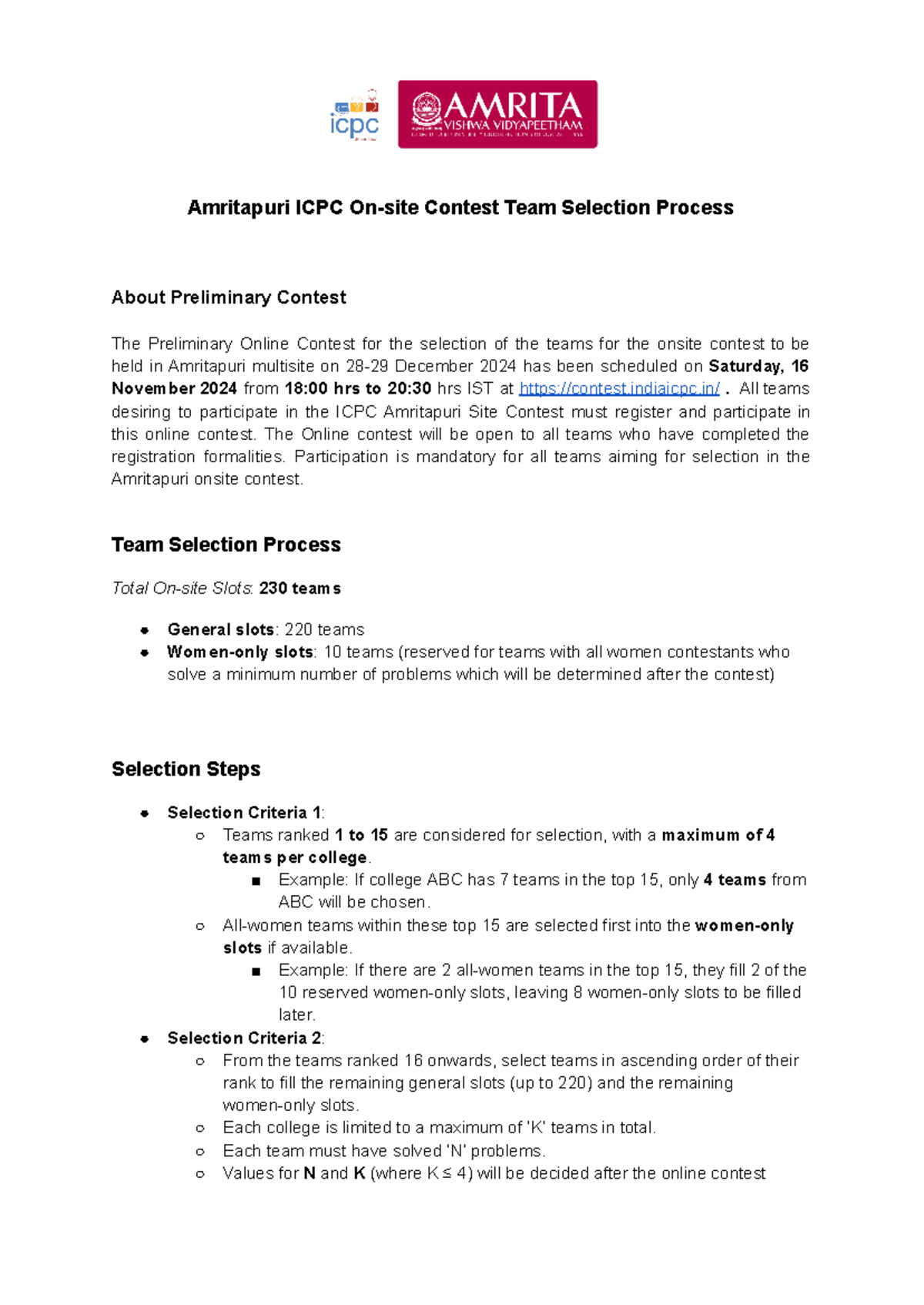 Amritapuri Site Team Selection Process - Amritapuri ICPC On-site ...