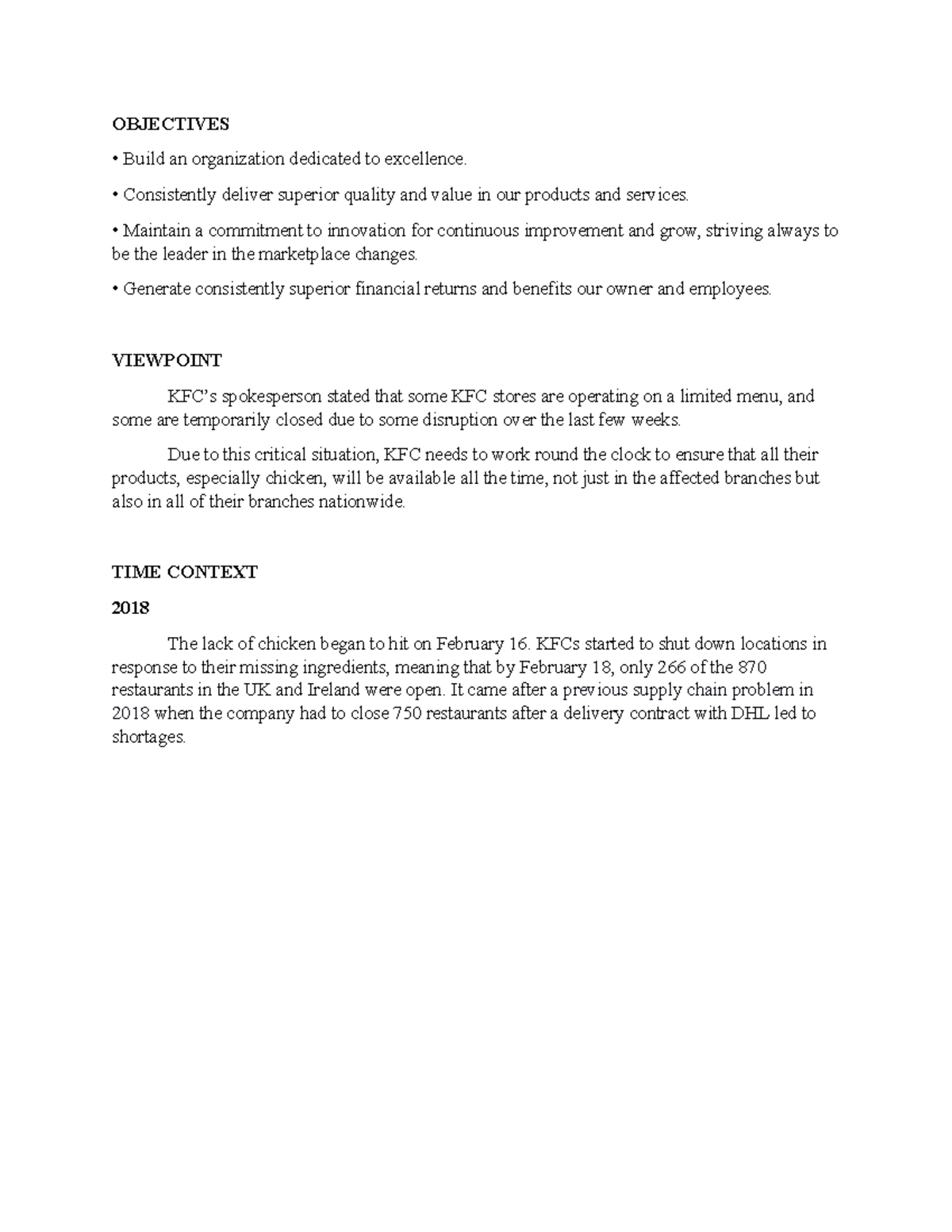 Viewpoint & Time context - KFC - OBJECTIVES Build an organization ...