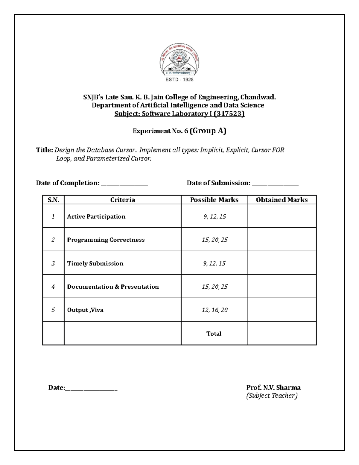 DBMS writeup 6 - dbms - SNJB’s Late Sau. K. B. Jain College of ...