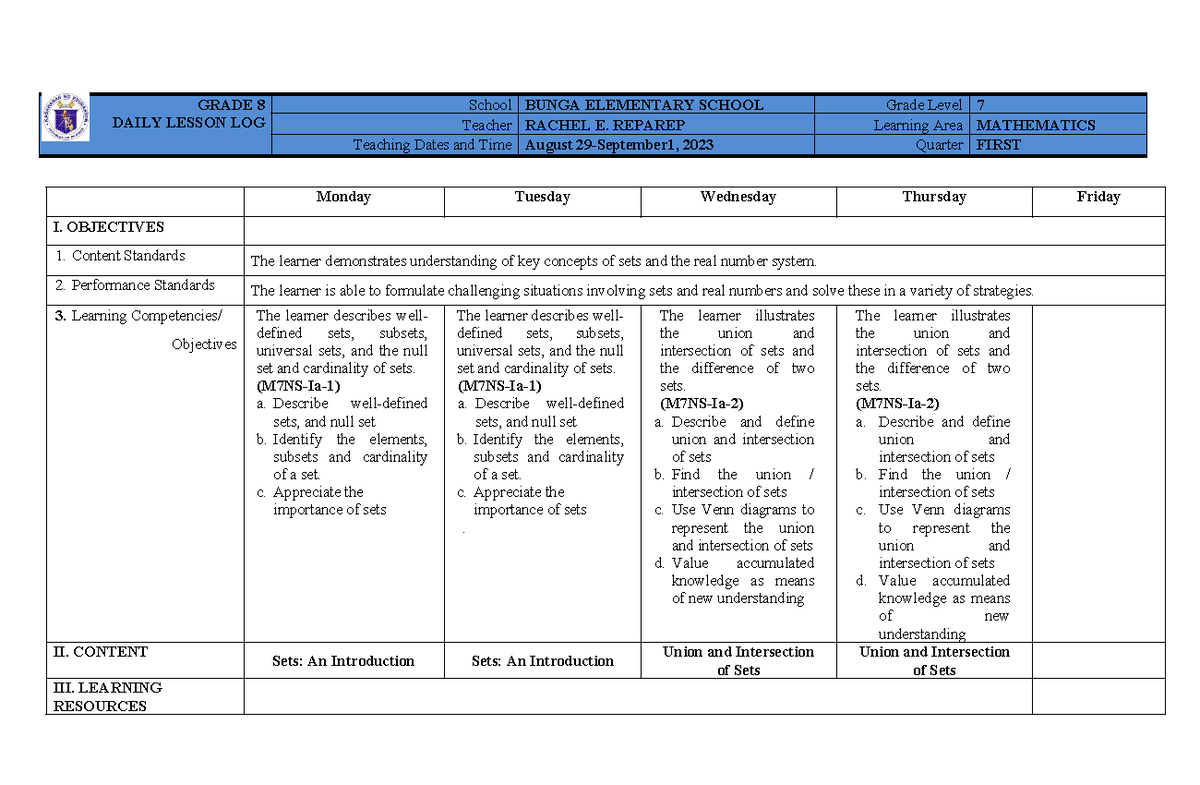 G8DLL Math Q 1W1 LC01 - Copy - GRADE 8 DAILY LESSON LOG School BUNGA ...