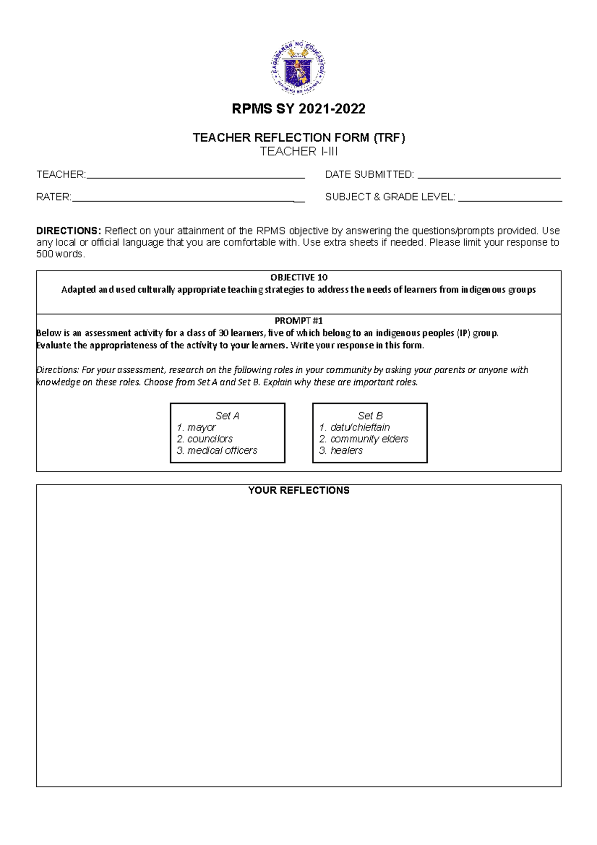 Appendix 4A Teacher Reflection Form for T I III - PROMPT Below is an ...