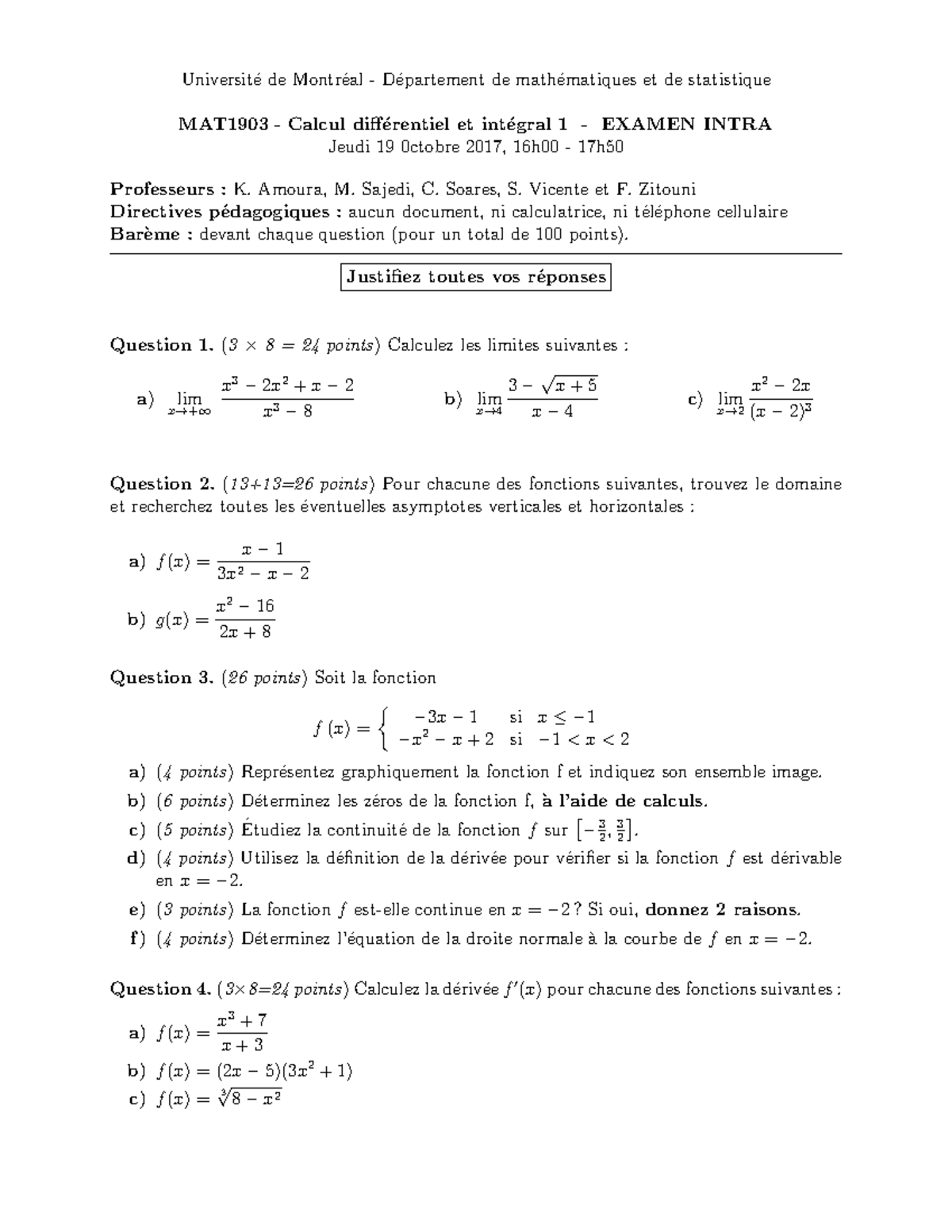 19 Octobre 2017, questions - Universit´e de Montr´eal - D´epartement de math´ematiques et de ...