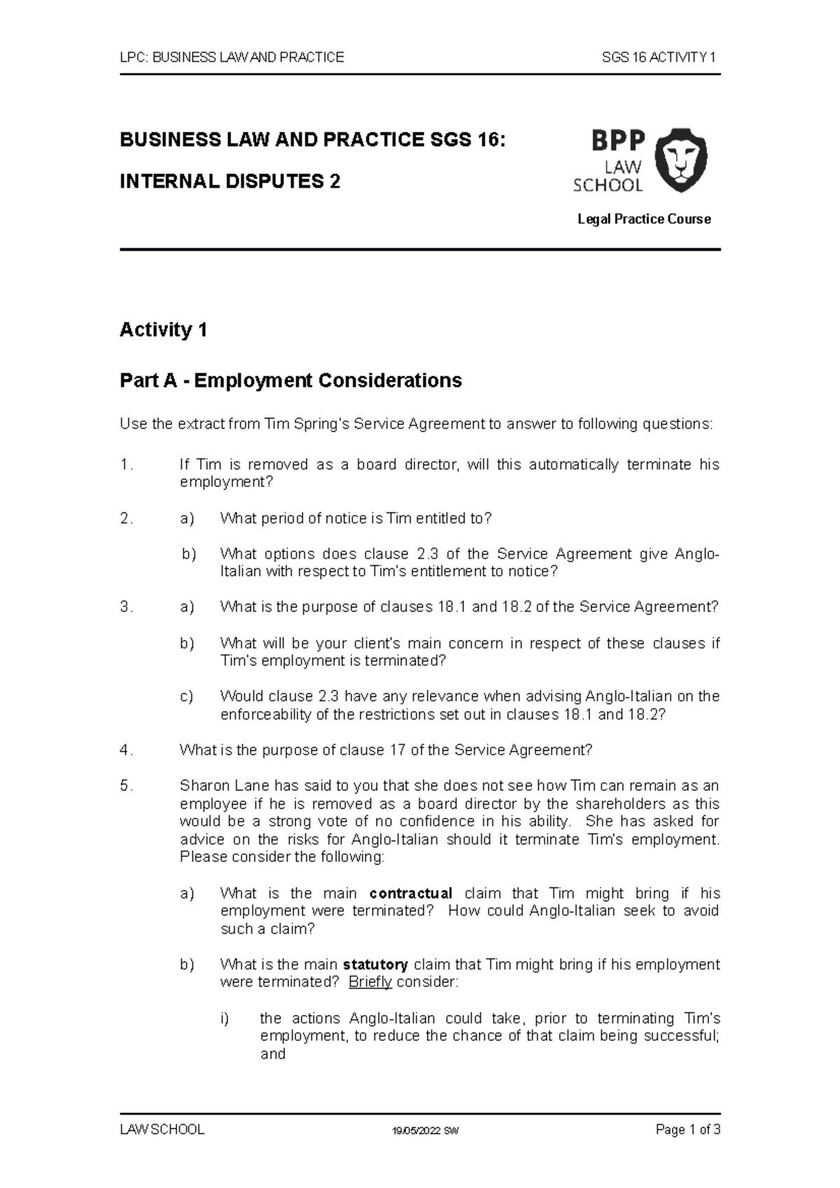 BLP SGS 16 Activity 1 22-23 - LPC: BUSINESS LAW AND PRACTICE SGS 16 ...