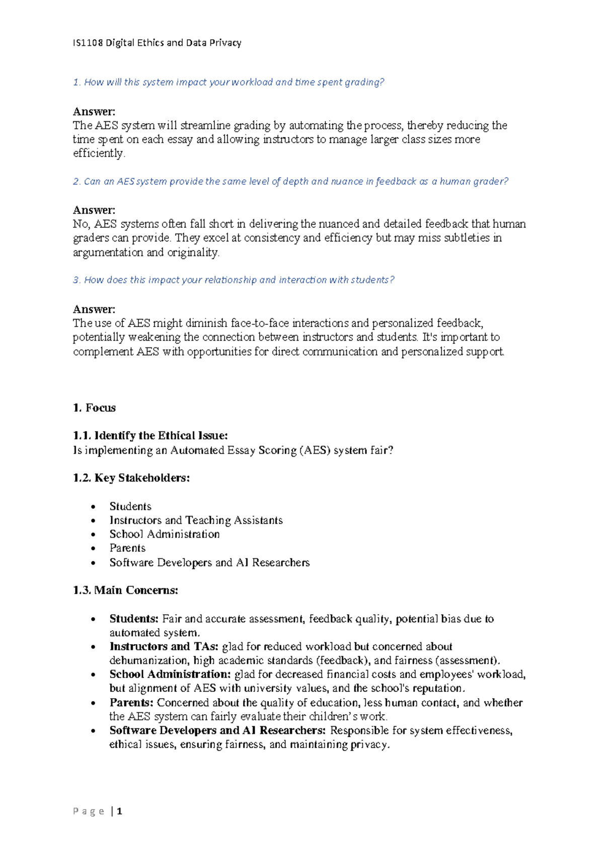 IS1108 Case Scenario 1 Debate Preparation Form1 - 1. How will this ...