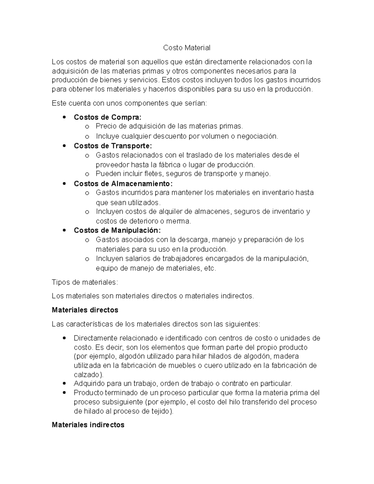 Costo material - Costo Material Los costos de material son aquellos que ...