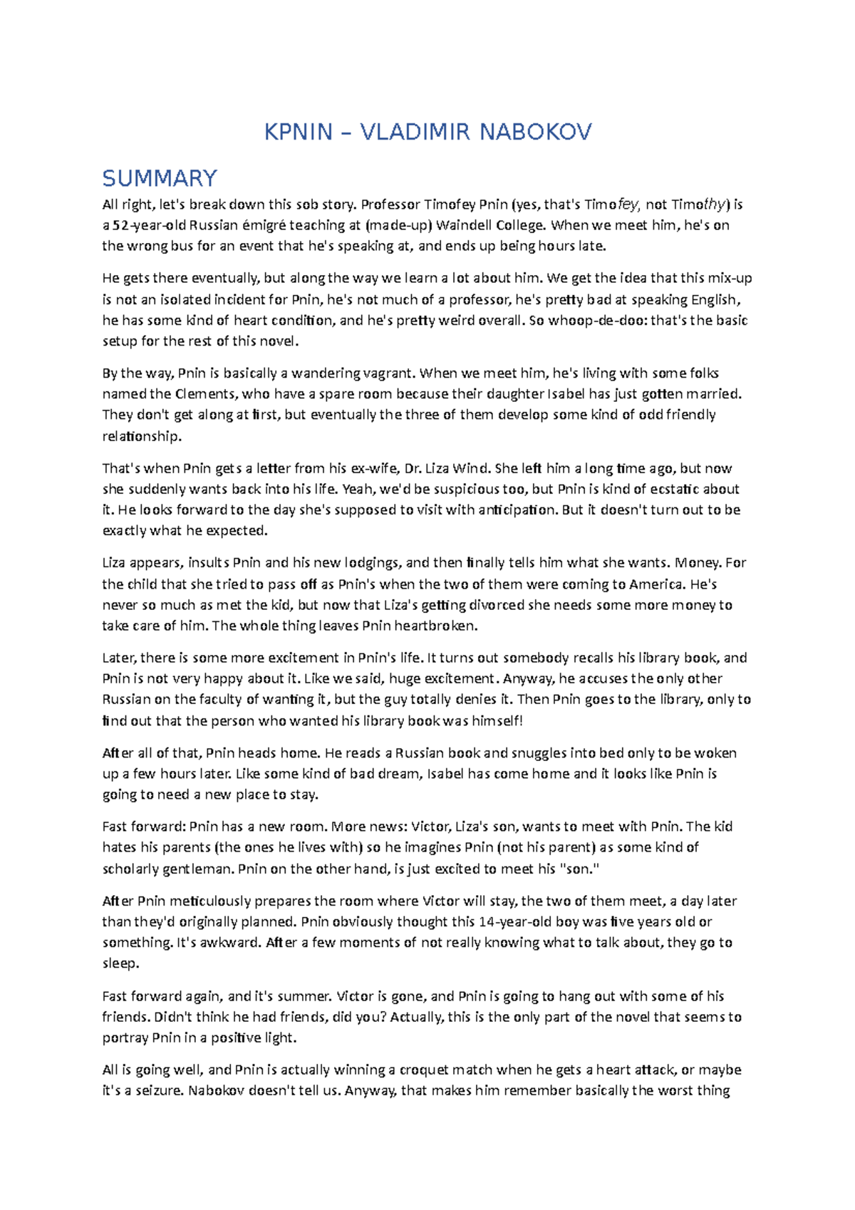 PNIN-summary - Very detailed summary of the book PNIN by Vladimir ...