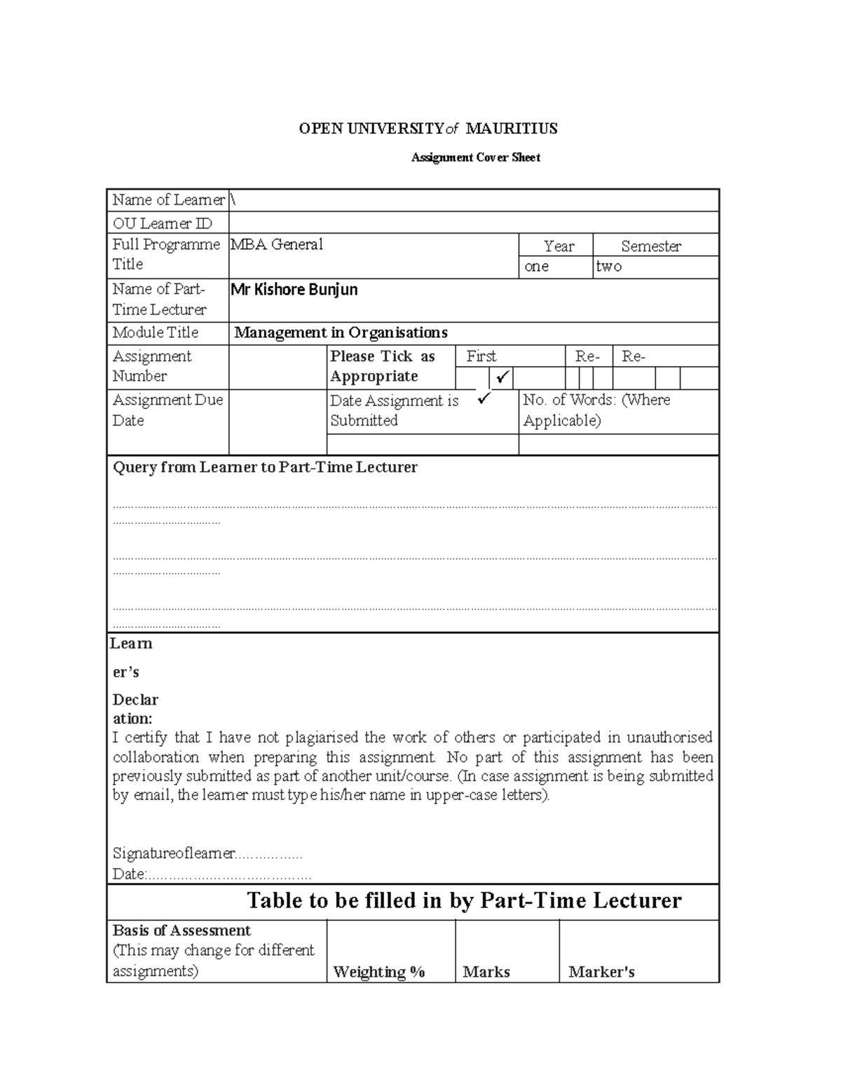 MIO - Assignment - OPEN UNIVERSITYof MAURITIUS Assignment Cover Sheet ...