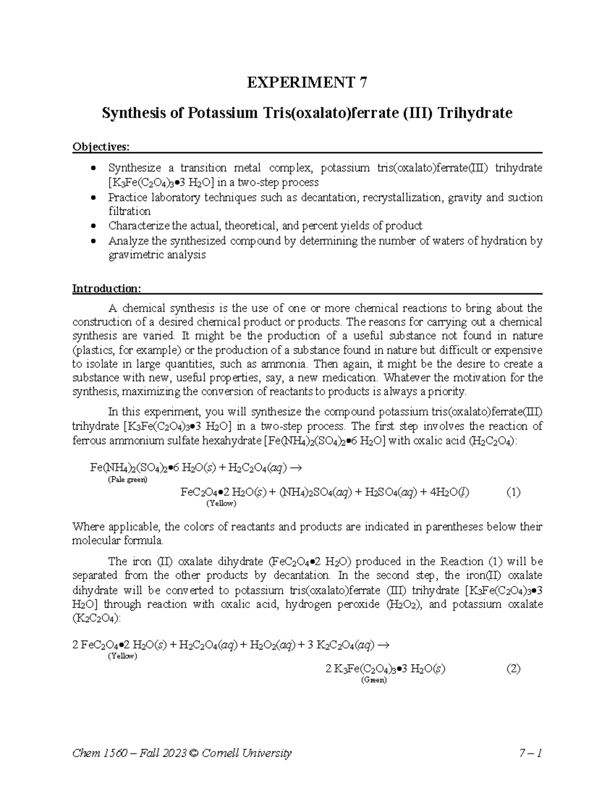 Expt 7 - Synthesis of a Complex Iron Salt - 2023 - EXPERIMENT 7 ...