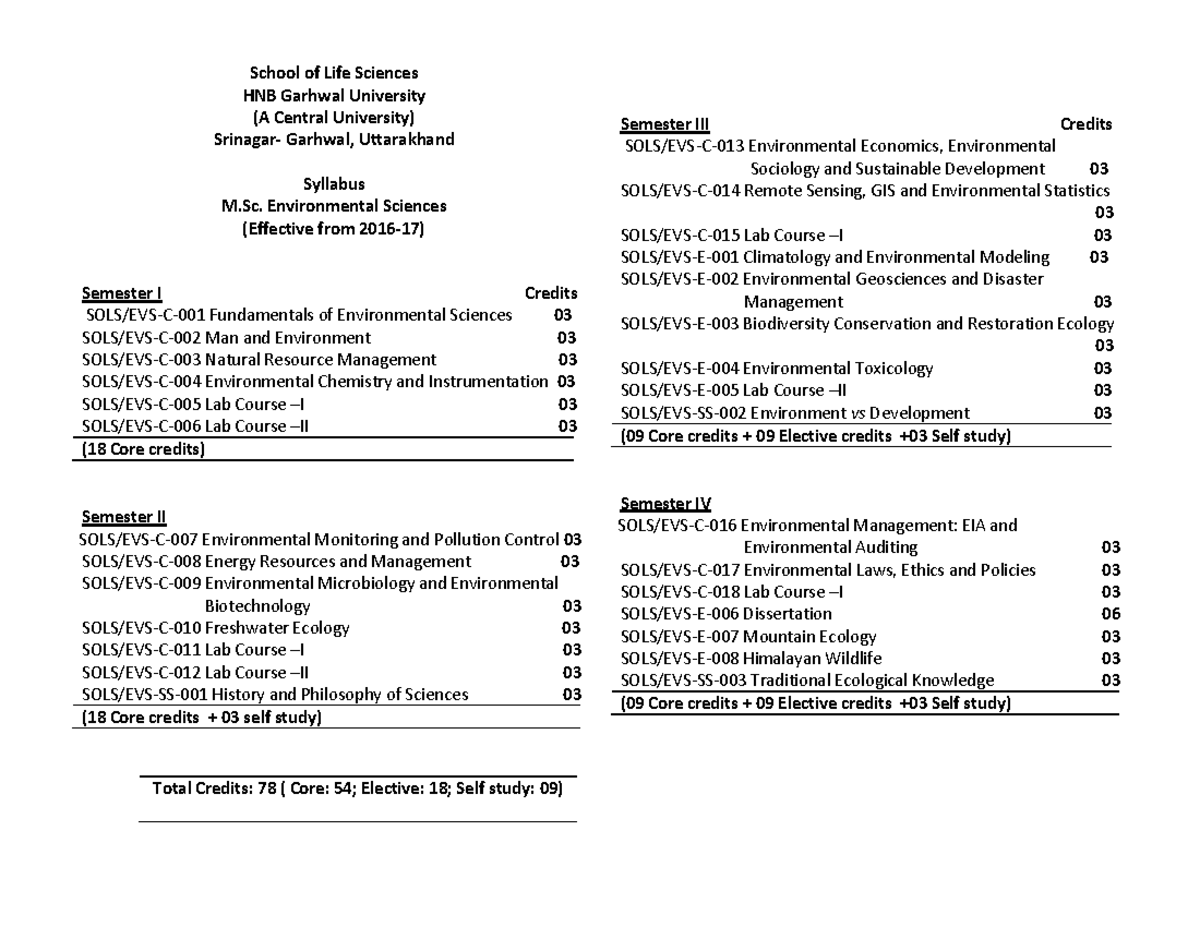 Hemvati Nandan Bahuguna Garhwal University M.Sc. Environmental Sciences ...
