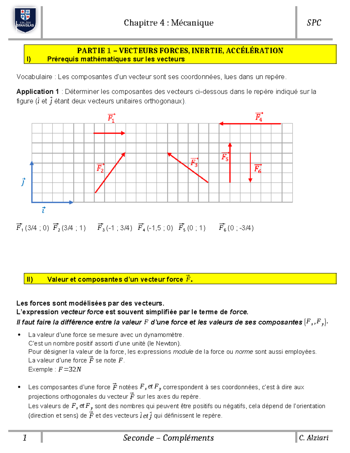 Chapitre 4- Mécanique, Alziari - PARTIE 1 – VECTEURS FORCES, INERTIE, ACCÉLÉRATION I) Prérequis ...